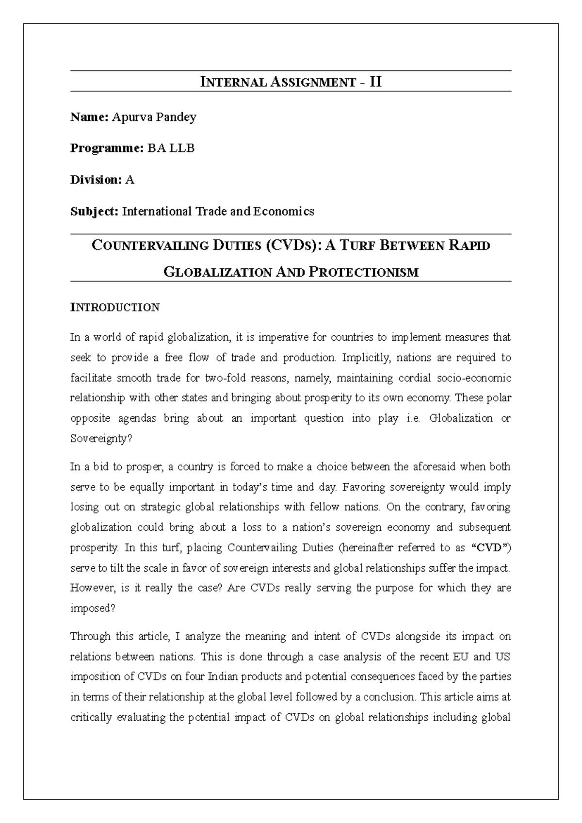 Article on countervailing duties - INTERNAL ASSIGNMENT - II Name ...