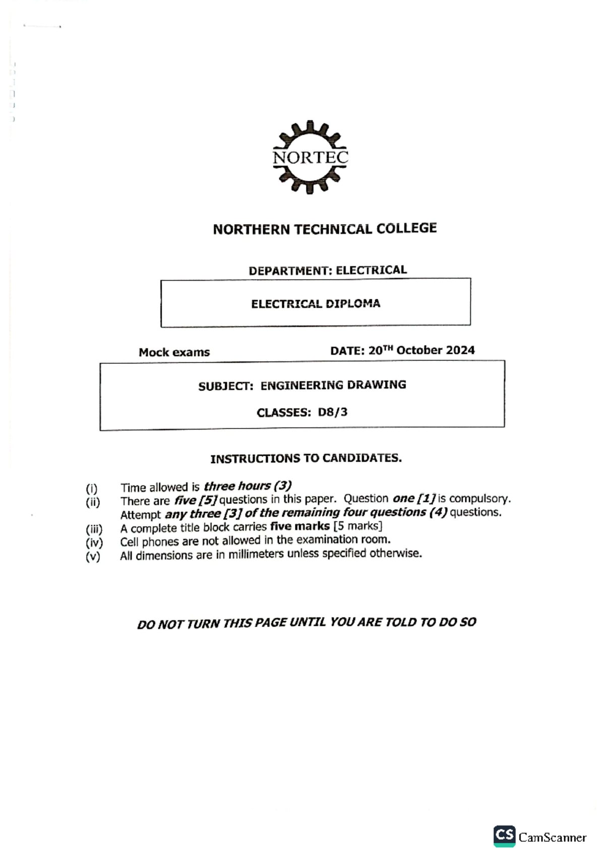 ENG 101 Assignment 1 - Engineering Drawing Mock Exam Guidelines - Studocu