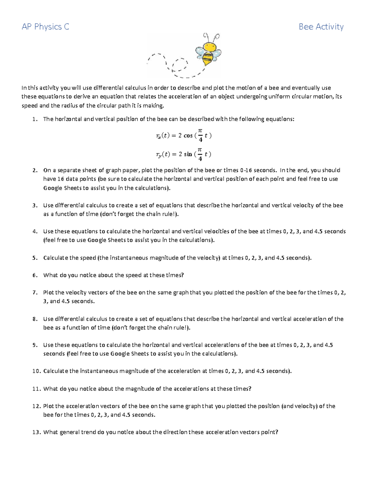 AP Physics C: Bee Activity on Motion, Velocity & Acceleration - Studocu
