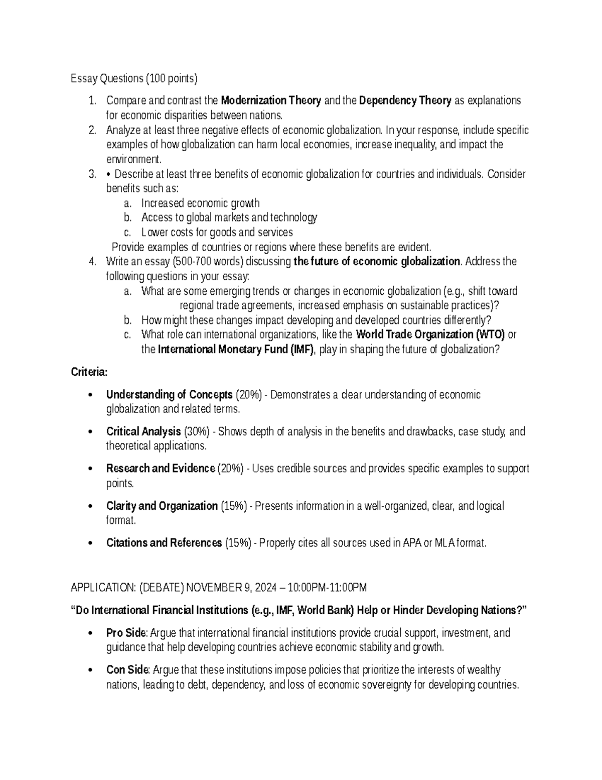 Ge 103 Essay Questions on Economic Globalization and Theories - Studocu