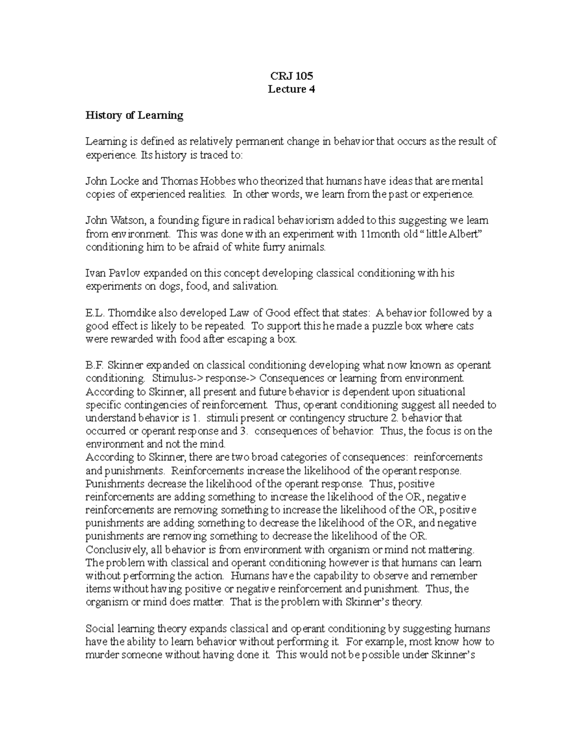CRJ 105 Lecture Notes: Understanding Learning Theories in Criminology ...