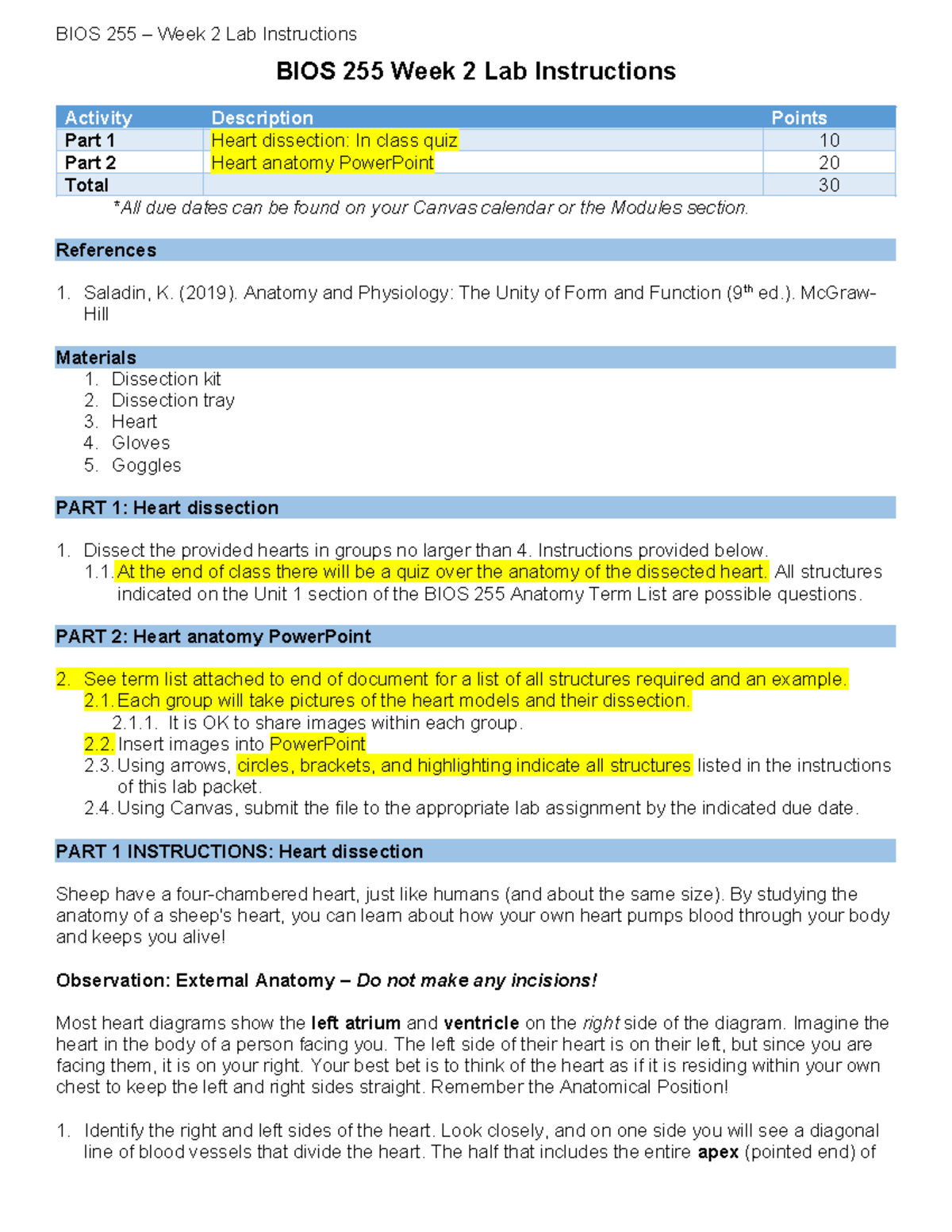 BIOS 255 Week 2 Lab - Heart Dissection & Anatomy Quiz Instructions ...