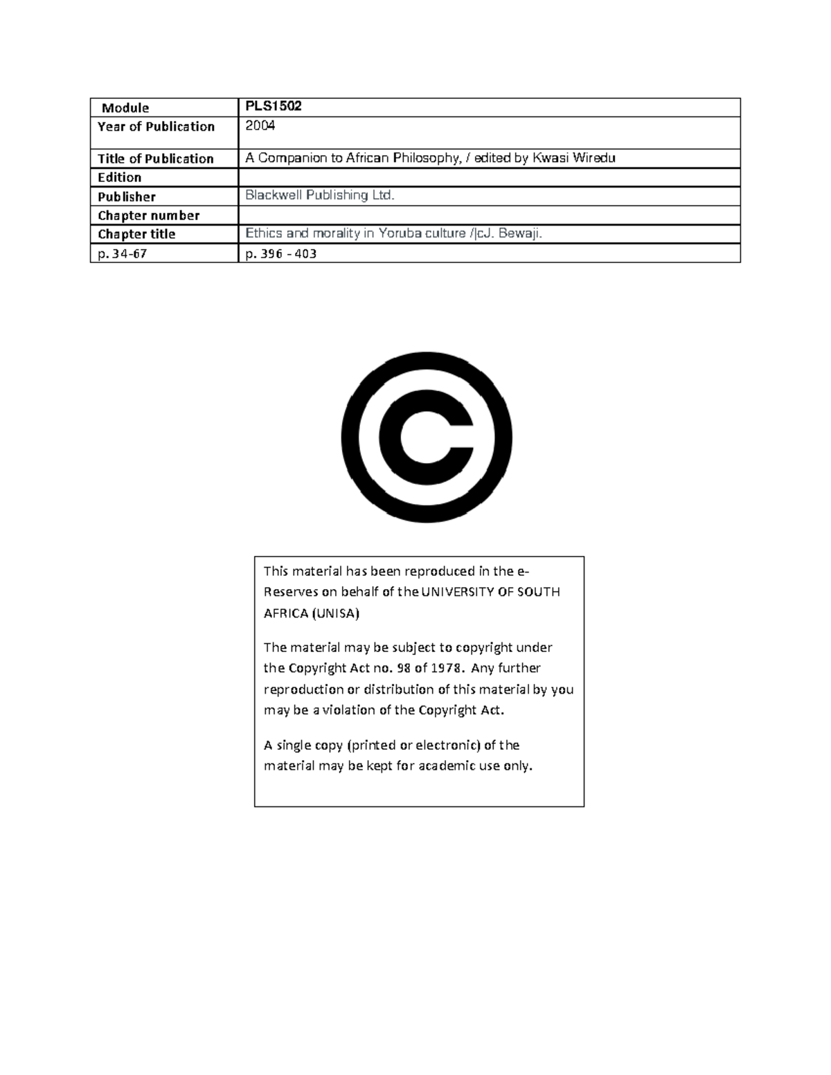 PLS1502 Unit 5: Ethics and Morality in Yoruba Culture by Bewaji - Studocu