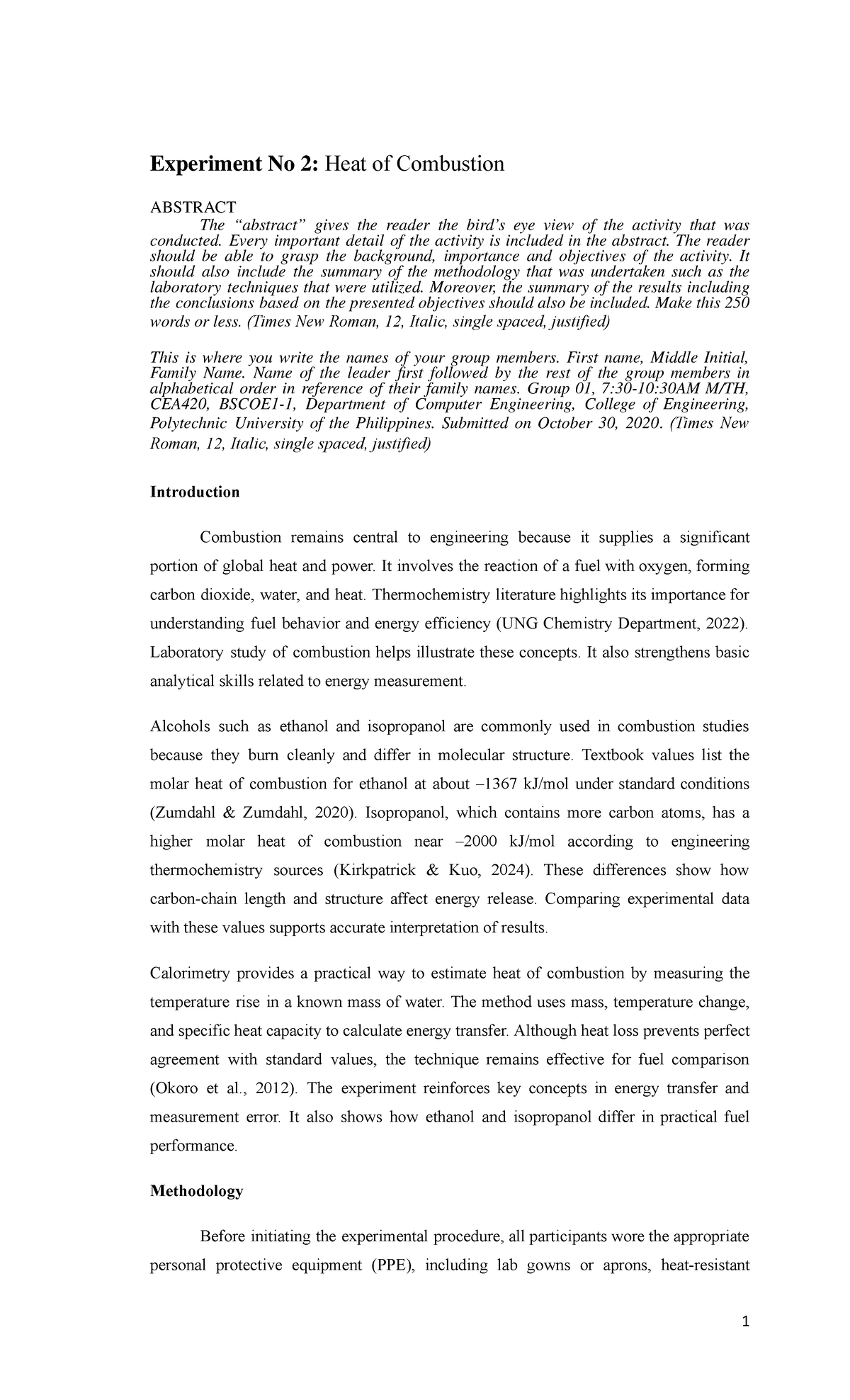 Laboratory Report 2: Heat of Combustion (CEA420) - Studocu