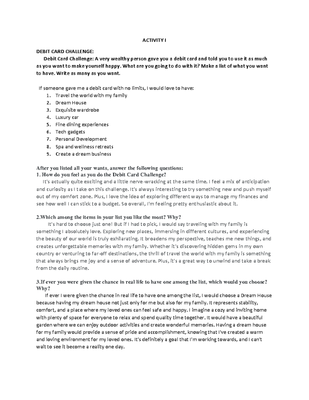 Material Self Activity I: Exploring the Debit Card Challenge - Studocu