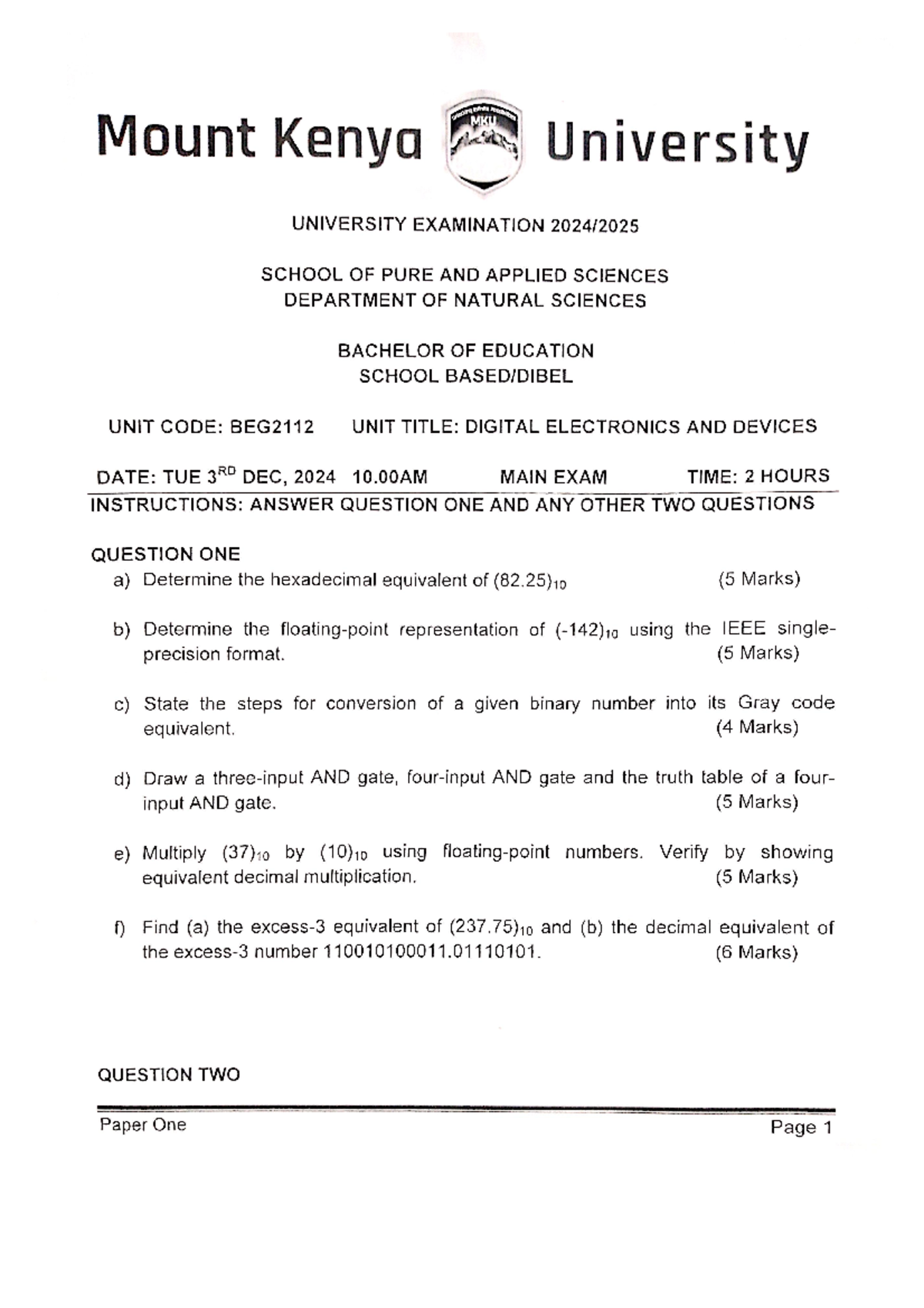 BEG2112 Final Exam: Digital Electronics Past Paper - Dec 2024 - Studocu
