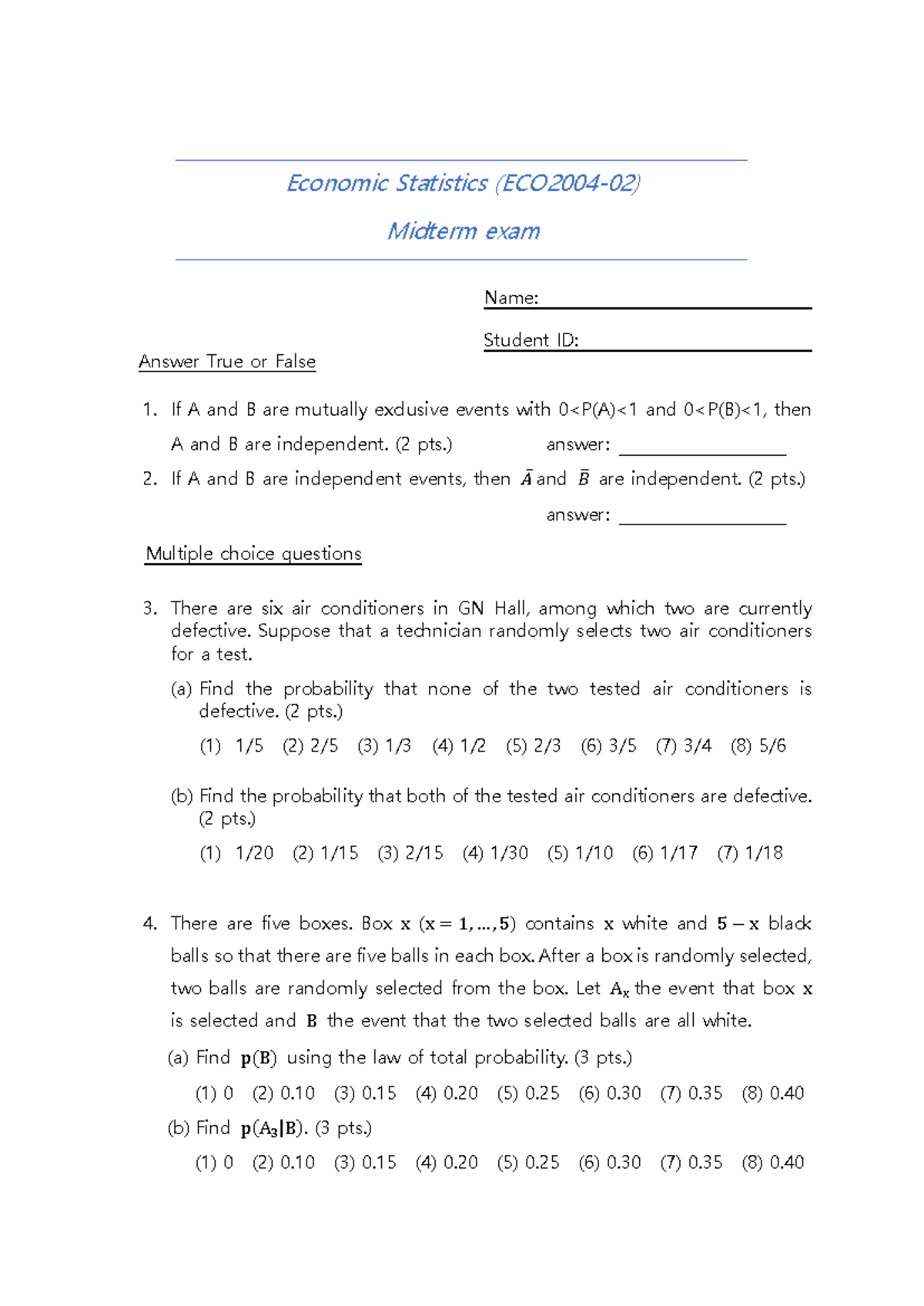 Economic Statistics (ECO 101) Midterm Exam Sample Questions - Studocu