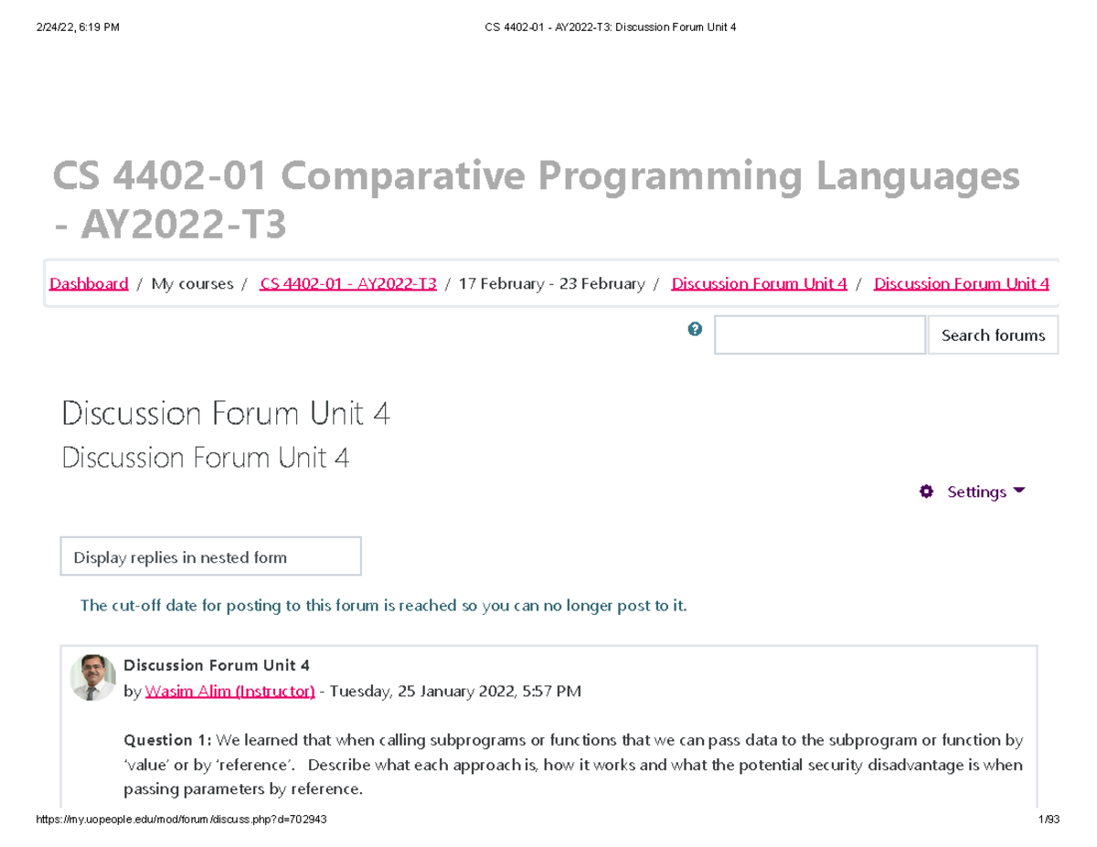 CS 4402 U4 DF - CS 4402 Unit 4 Discussion Forum - CS 4402-01 ...