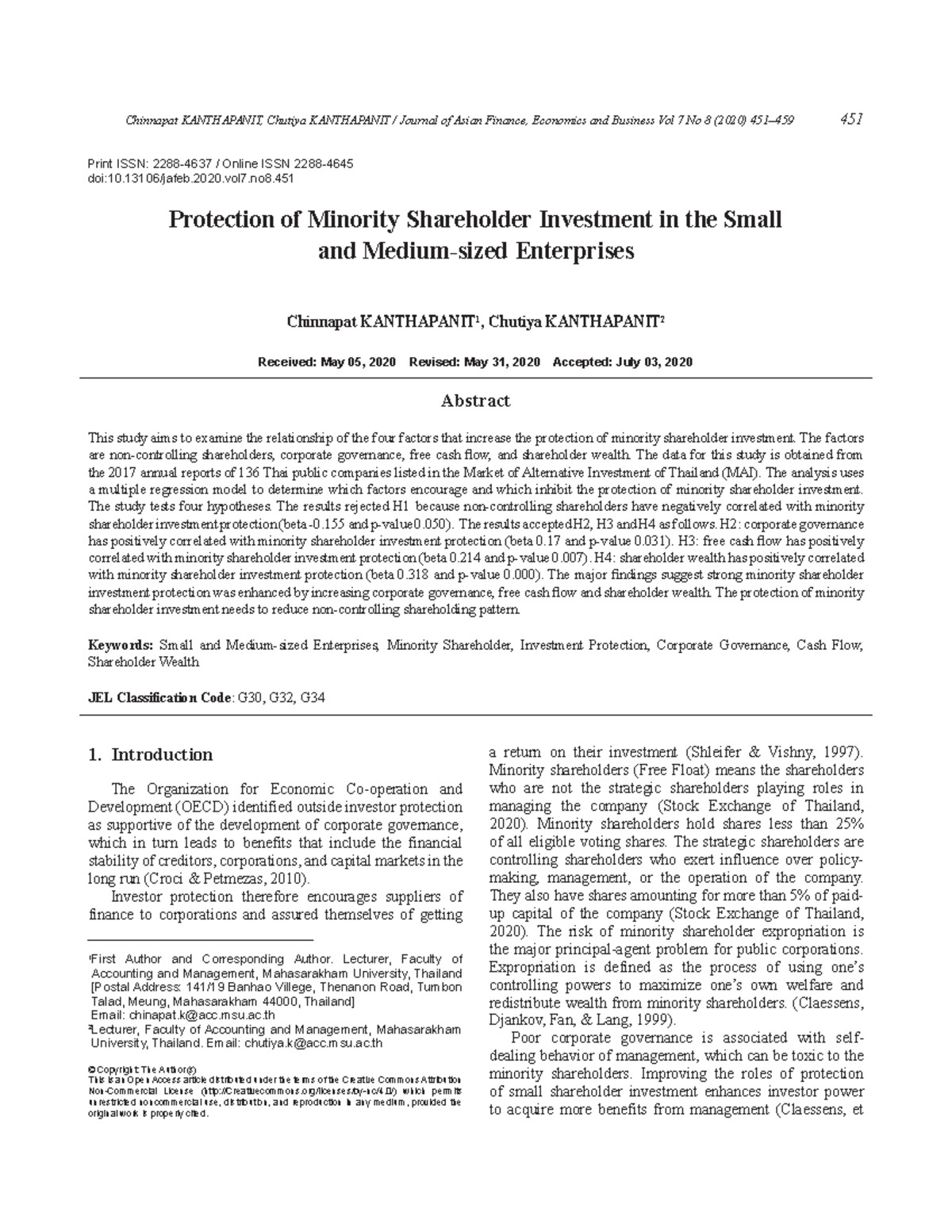 Protection of Minority Shareholder Investment in the Small and Medium ...