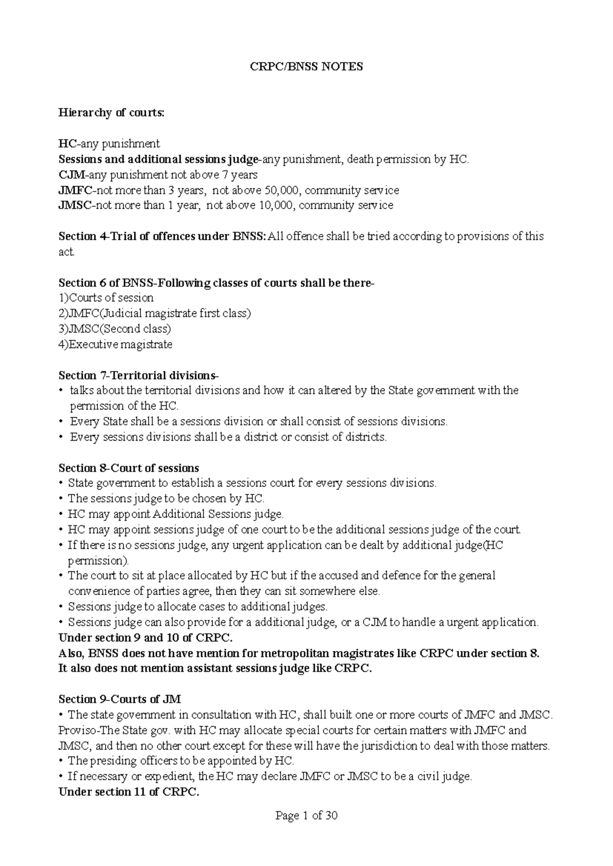 BNSS Notes: Hierarchy of Courts and Punishment Guidelines - Studocu