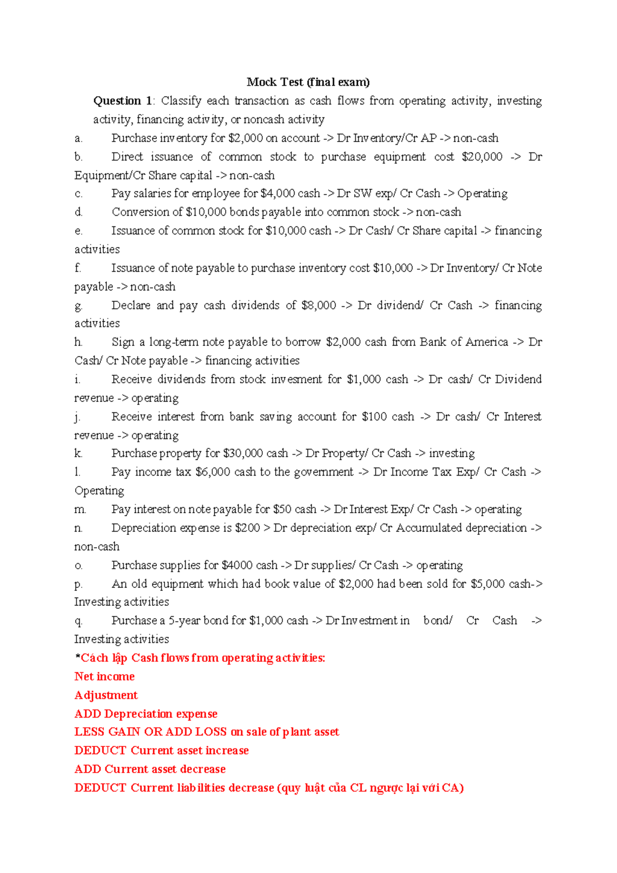 Final Exam Review: Cash Flow Classifications & Journal Entries (KETE201 ...