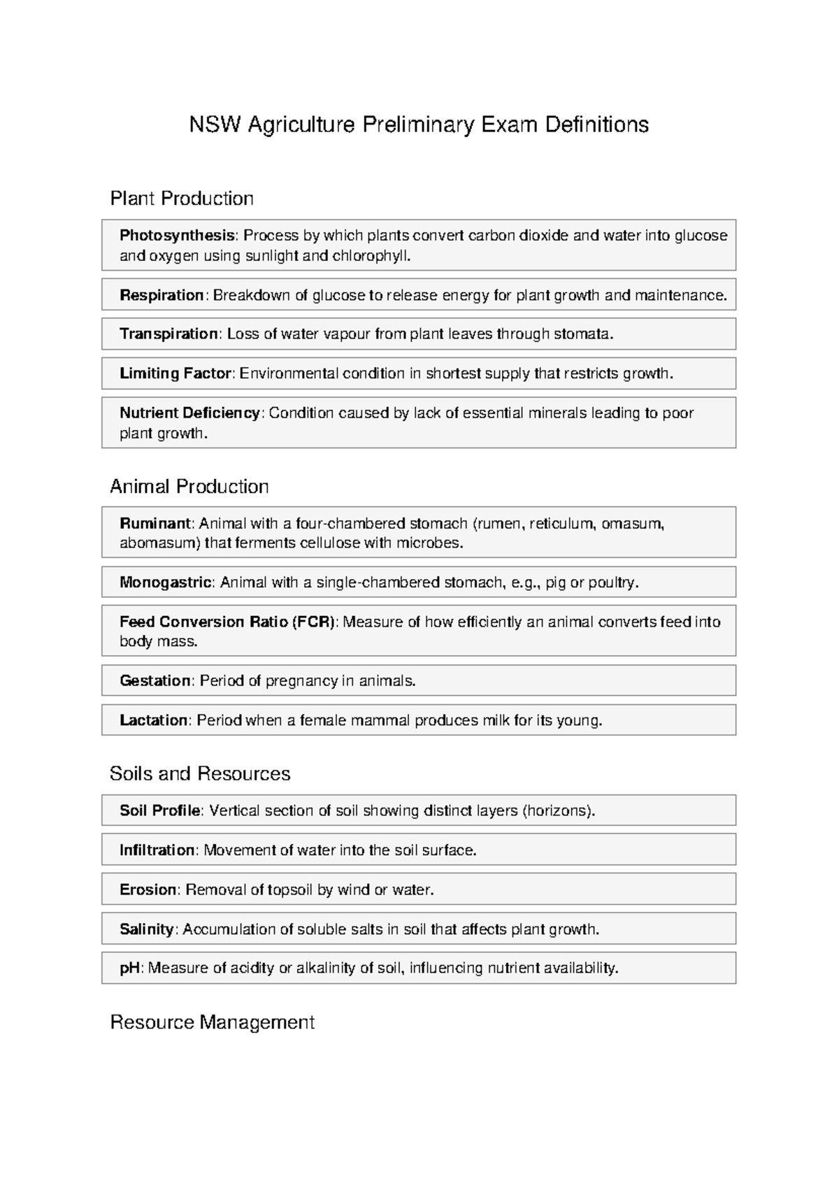 NSW Agriculture Preliminary Exam: Key Definitions in Plant & Animal ...