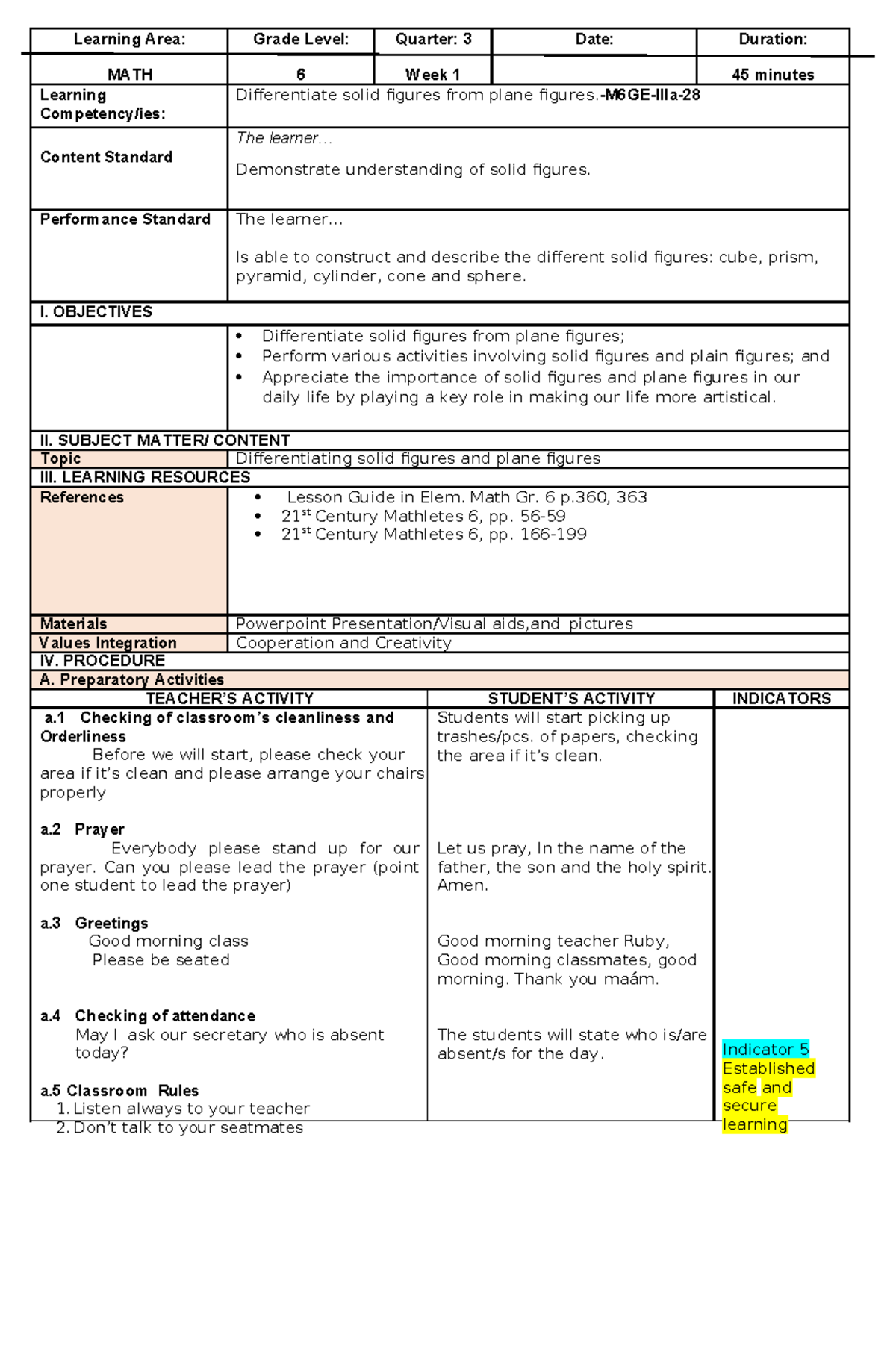 MATH 6: Differentiating Solid and Plane Figures - Week 1 Lesson Plan ...