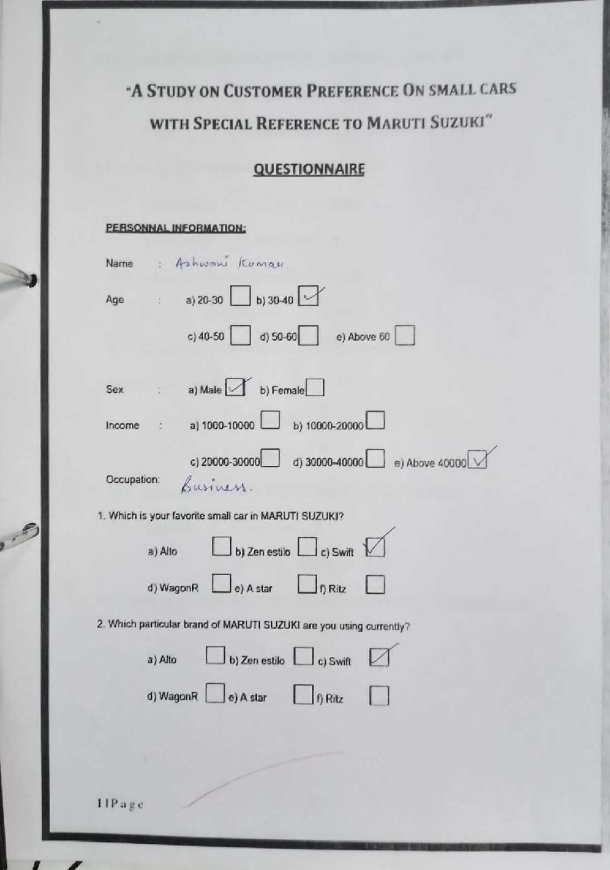 STUDY ON CUSTOMER PREFERENCE FOR SMALL CARS: MARUTI SURVEY - Studocu