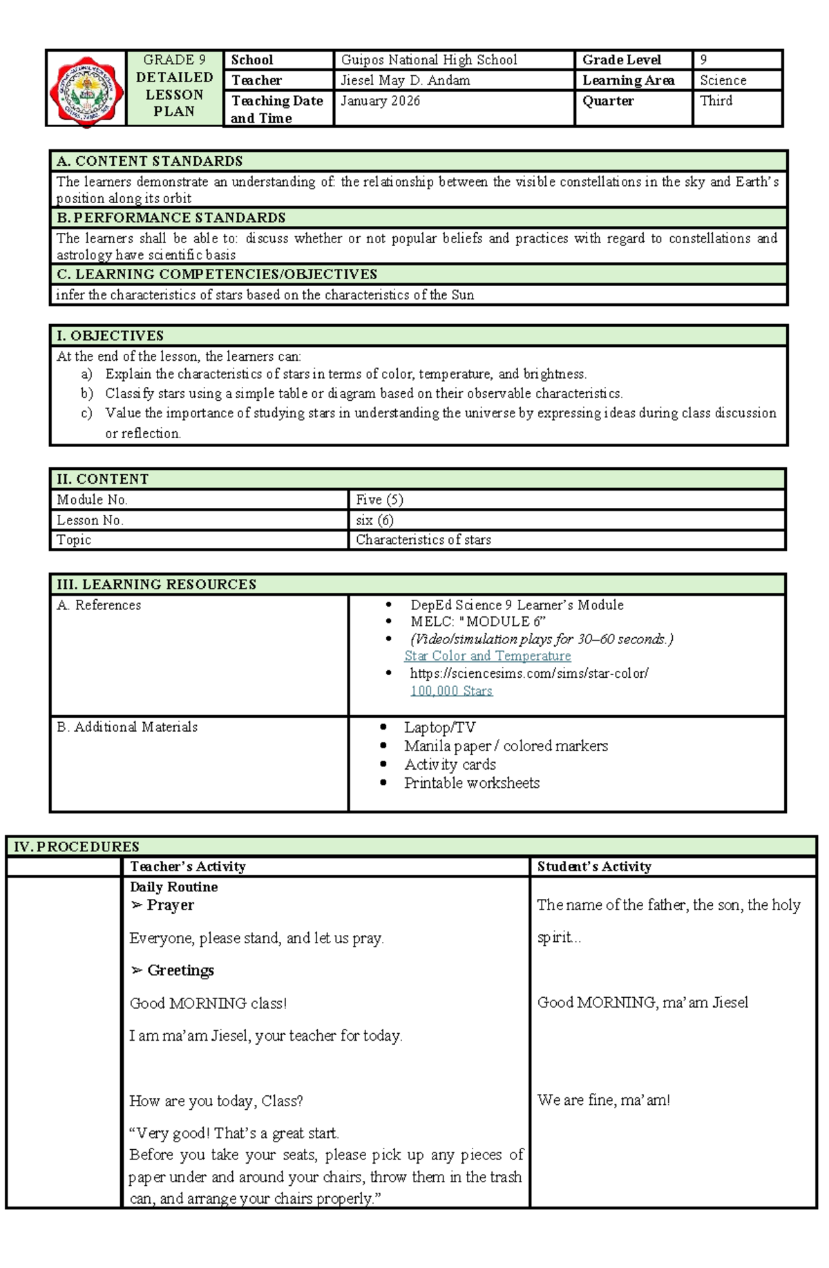 GRADE 9 SCIENCE MODULE 6 DLP: Characteristics of Stars Lesson Plan ...