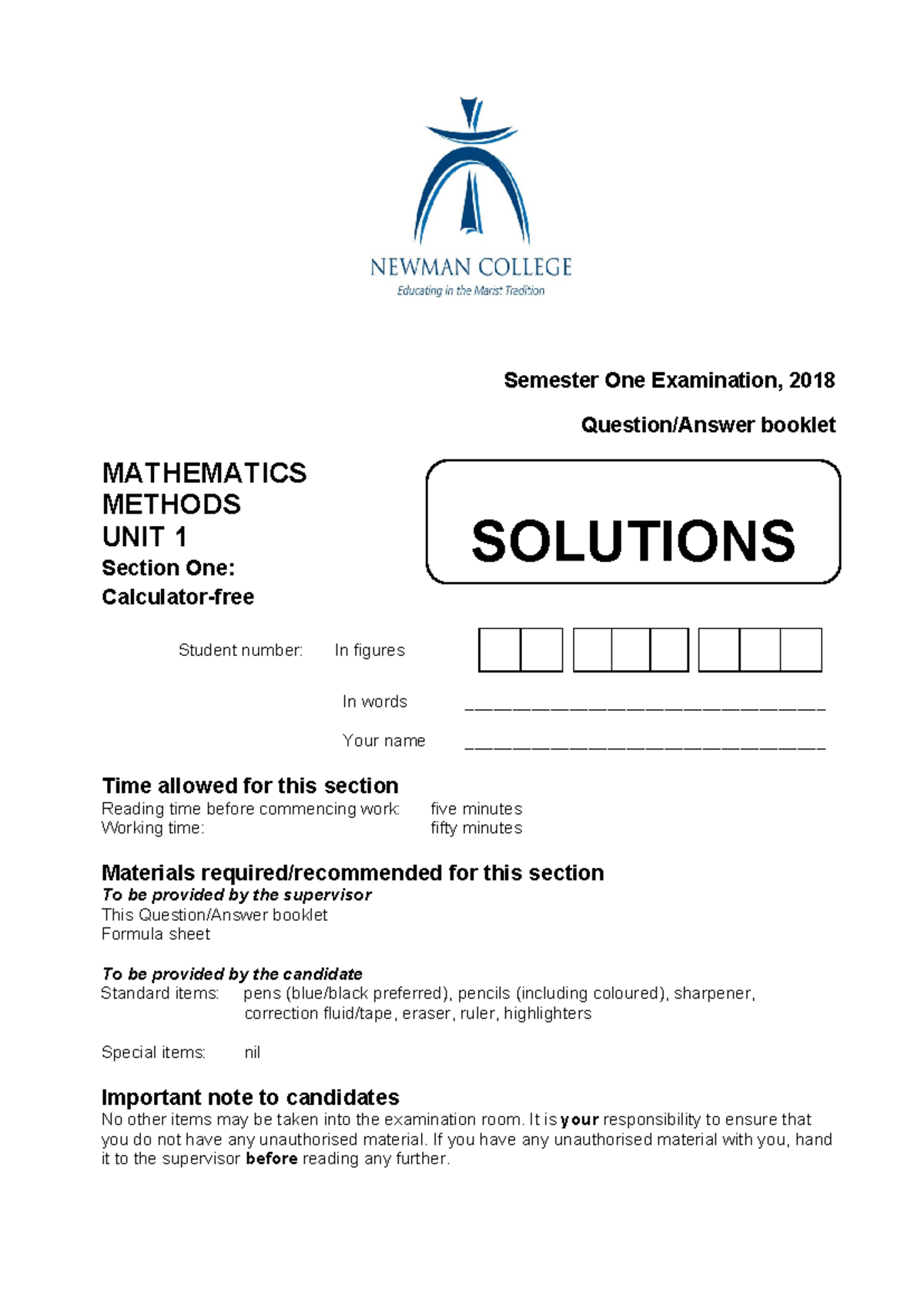 2018 Yr 11 Mathematics Methods Unit 1 Semester 1 Exam Solutions - Studocu