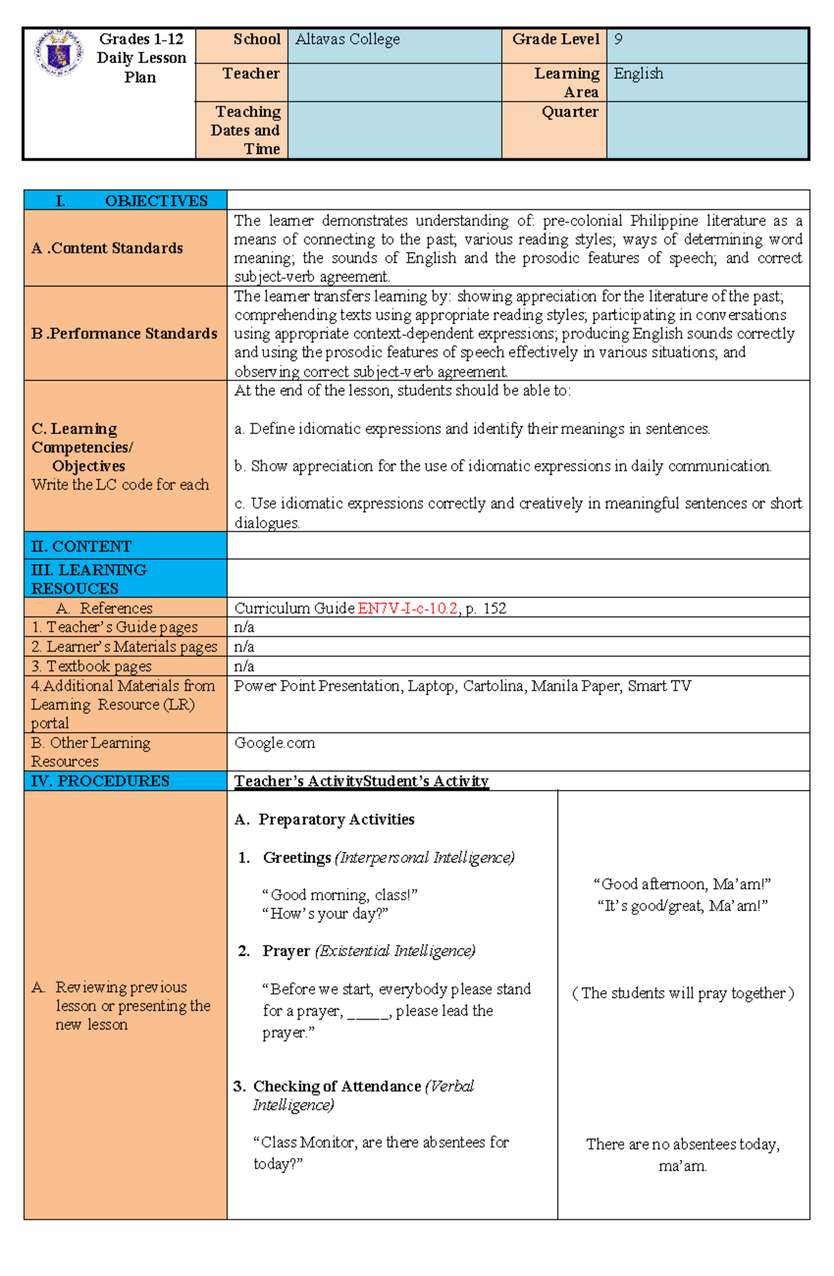 Grade 9 English Lesson Plan: Understanding Idiomatic Expressions - Studocu