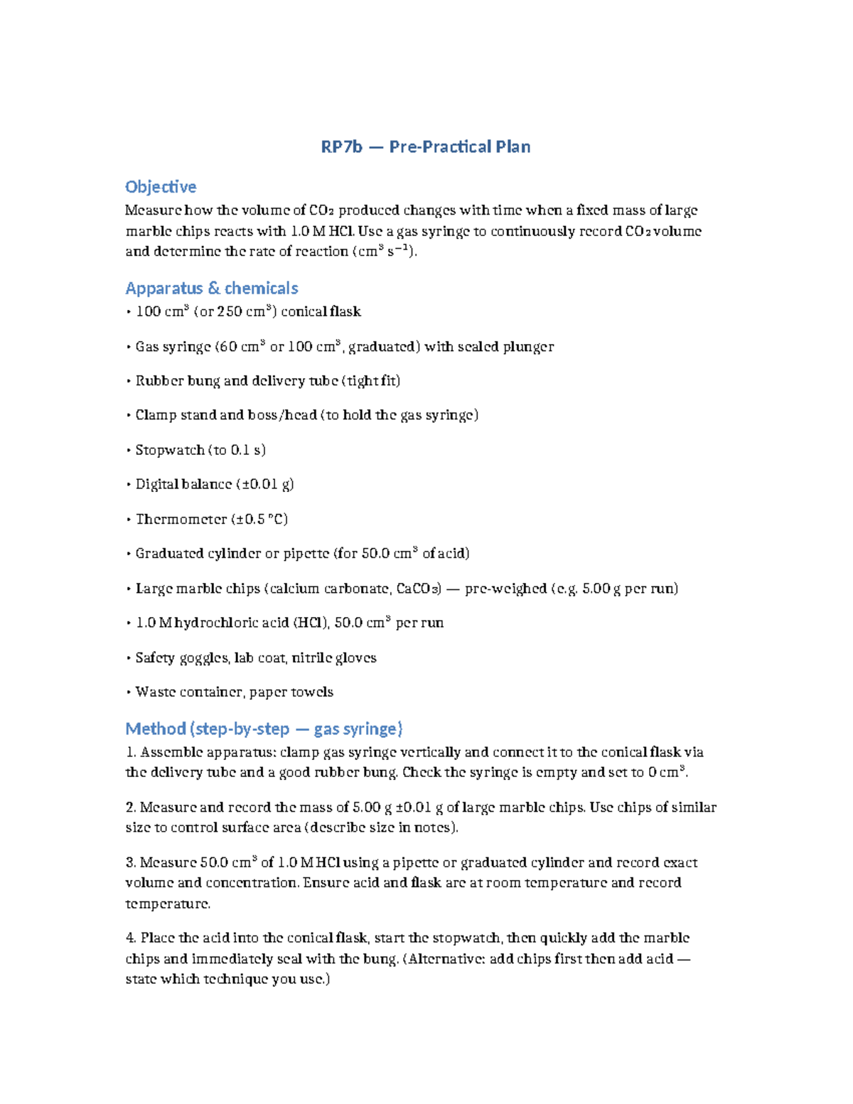 RP7b Pre-Practical: Measuring CO₂ Volume Change with HCl Reaction - Studocu