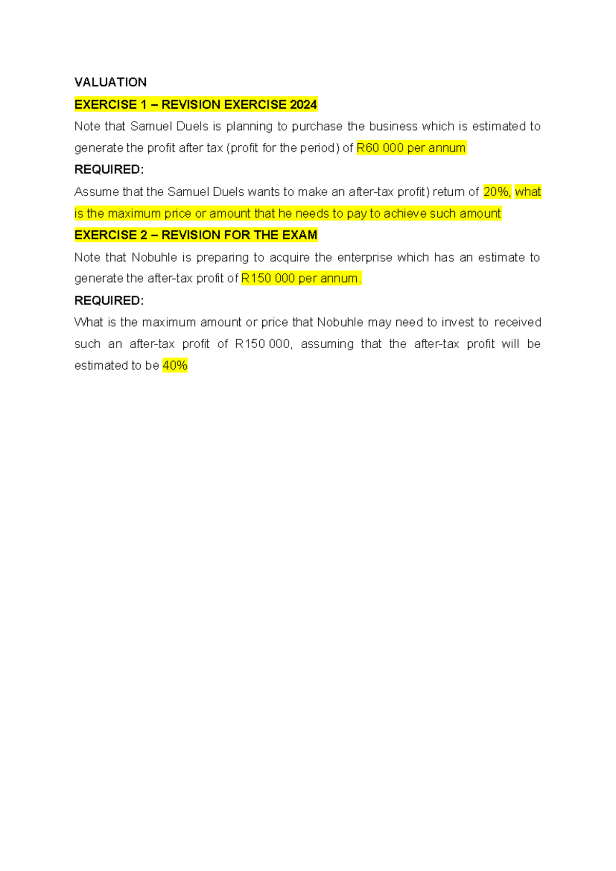 Valuation Exercises Revision for 2024 - Exercises 1 to 3 - Studocu