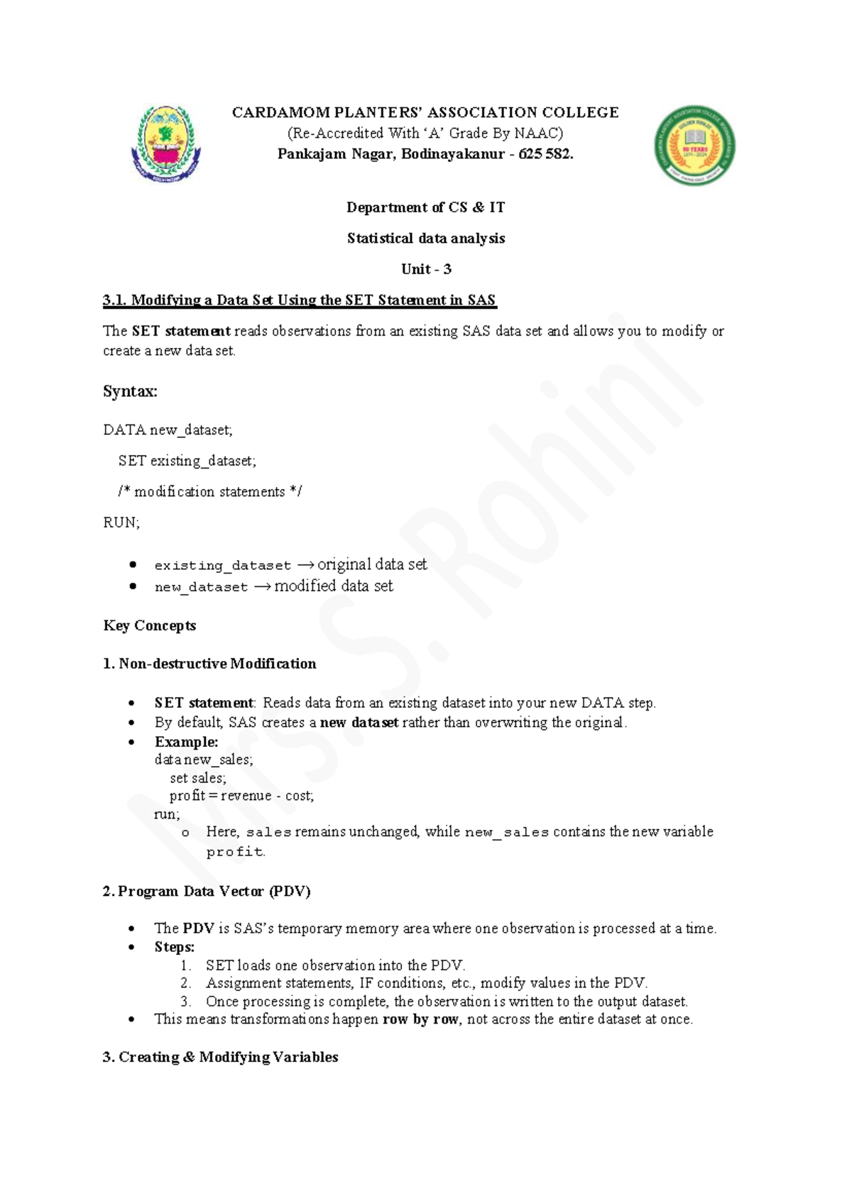 Unit 3 - Lecture Notes on SET Statements in SAS for Statistical ...