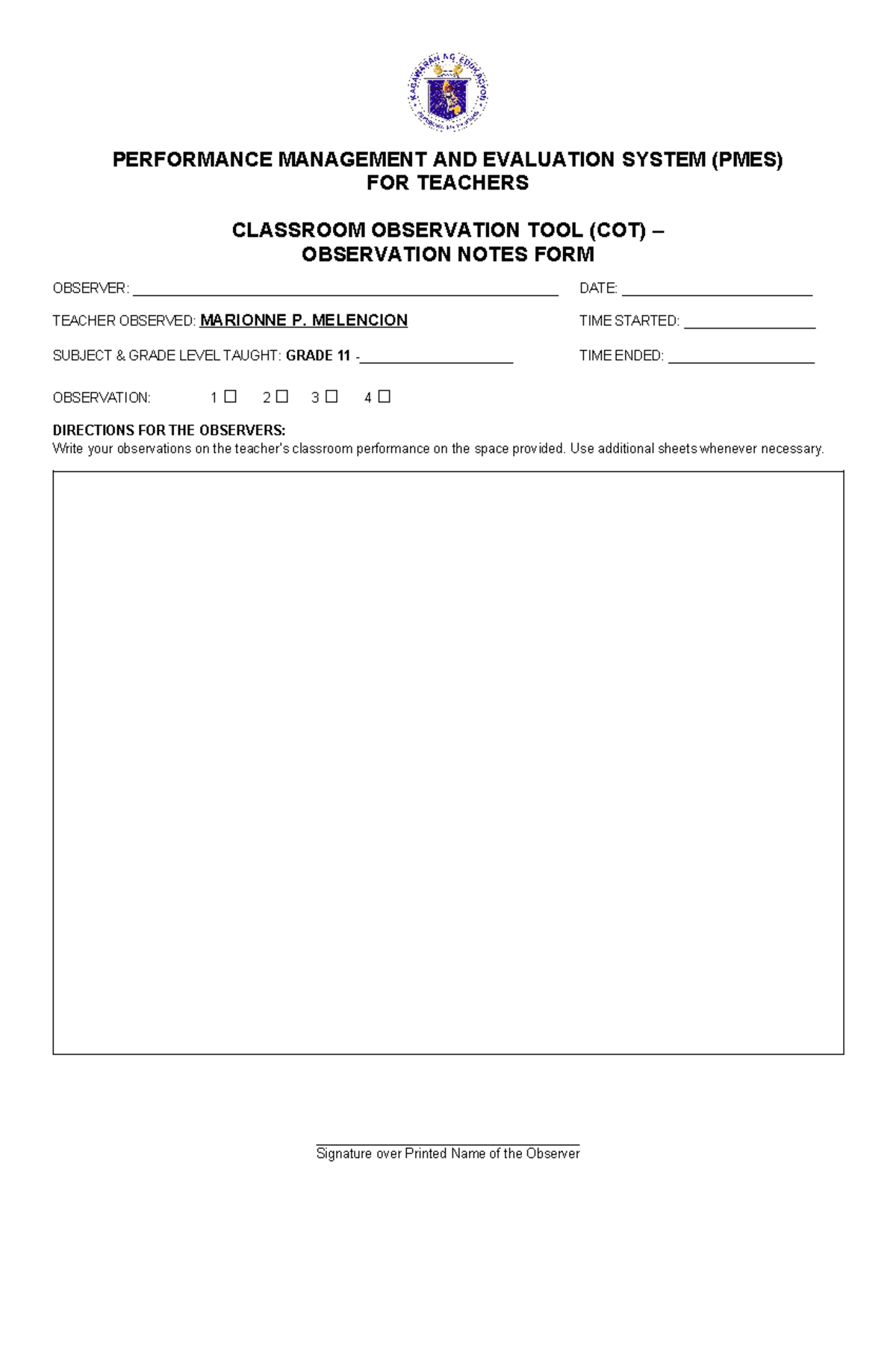 Annex C-7 COT Observation Notes Form - PERFORMANCE MANAGEMENT AND ...
