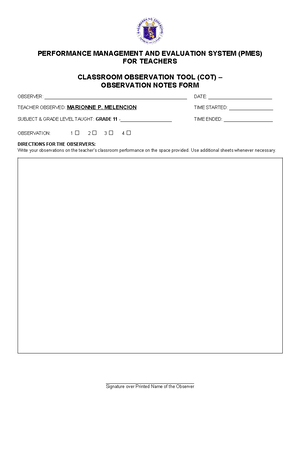 COT Rating Sheet for Proficient Teachers SY 2024-2025 Evaluation Tool ...