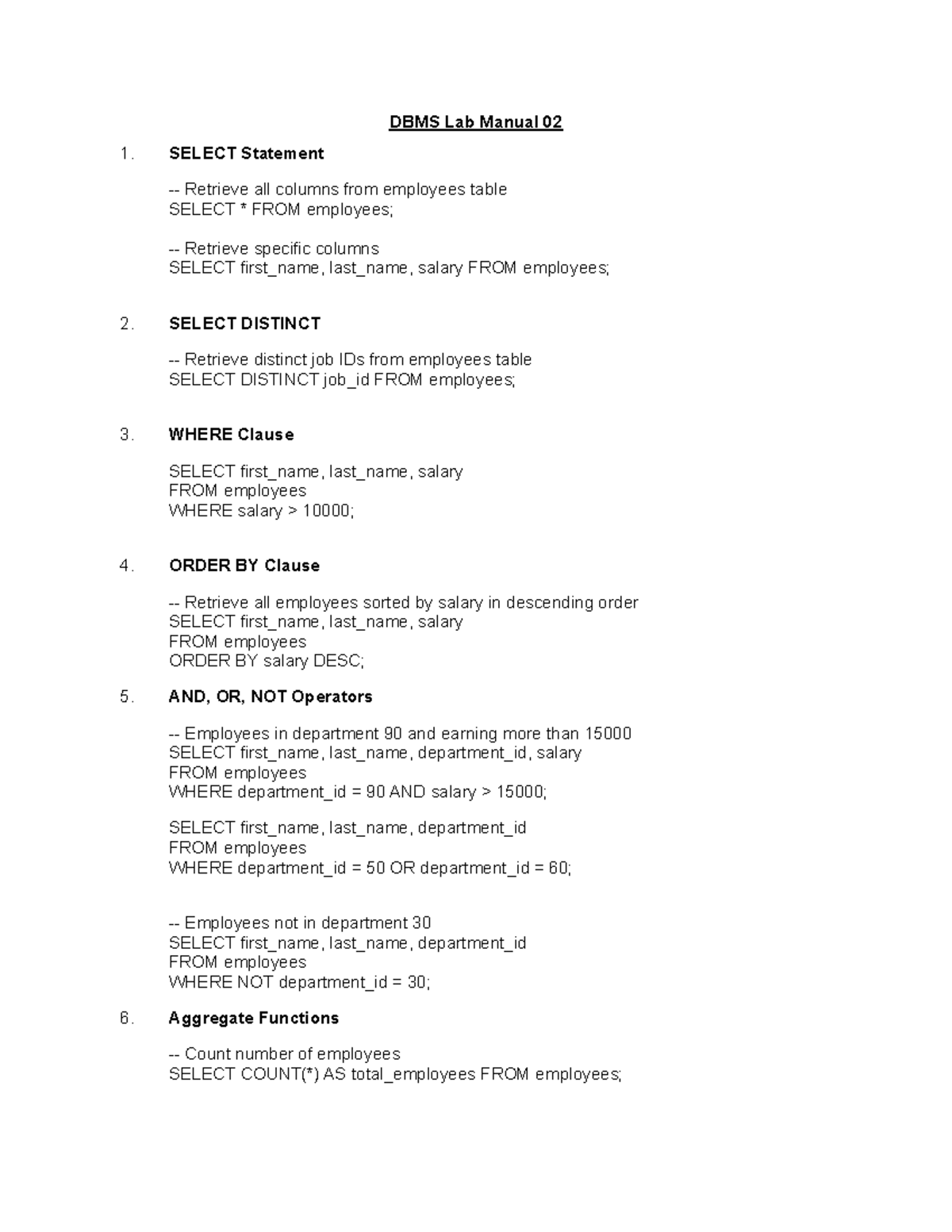 DBMS Lab Manual 02 - SQL Queries and SELECT Statement Guide - Studocu