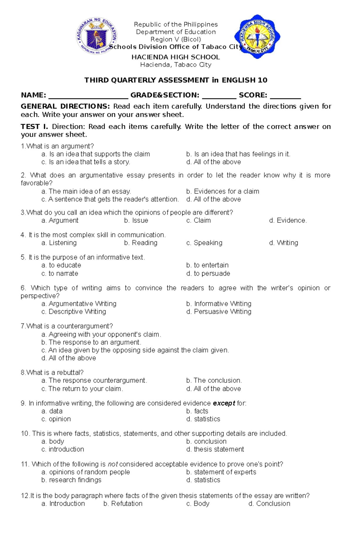 3RD QUARTERLY ASSESSMENT in ENGLISH 10 & FILIPINO 7 - Studocu