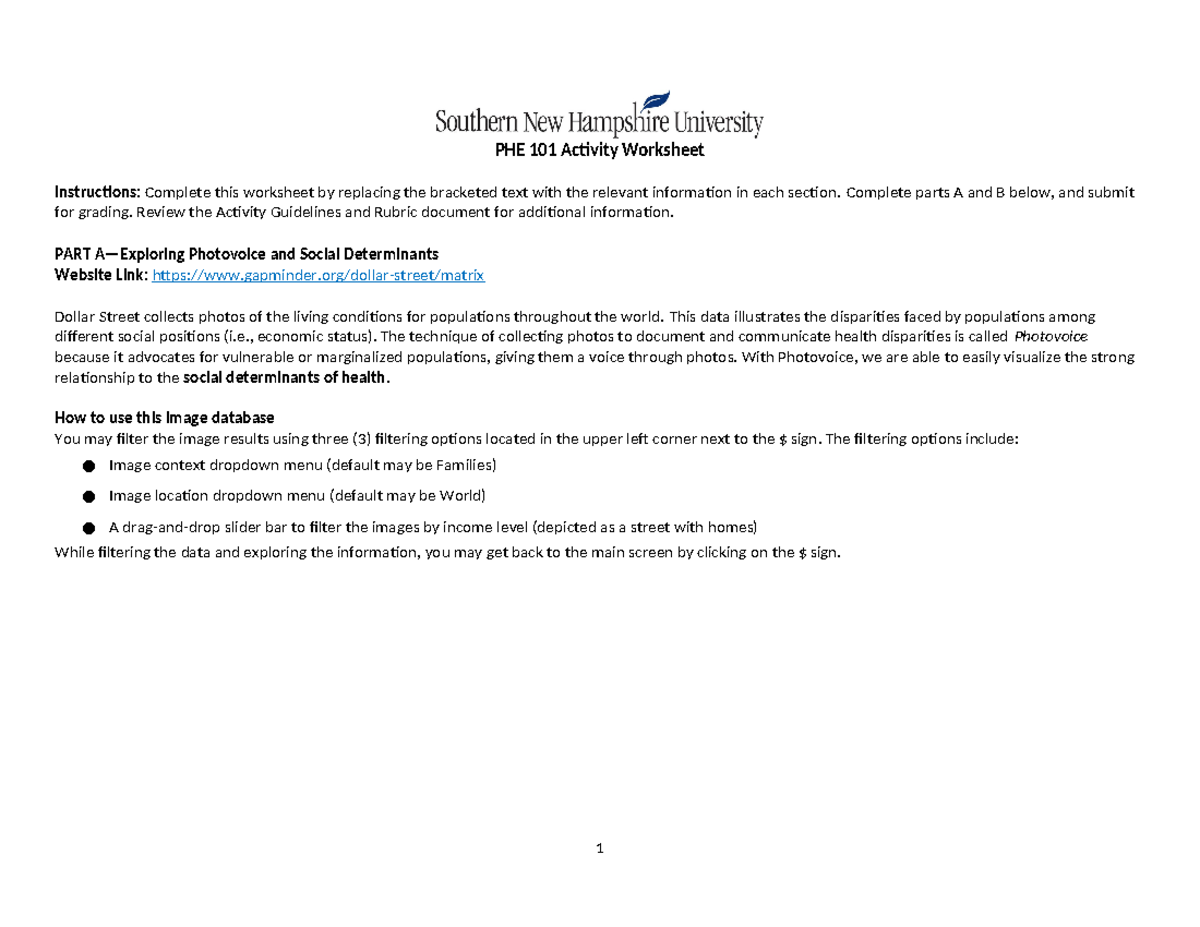 PHE 101 Final Activity Worksheet: Exploring Photovoice & Health Disparities - Studocu