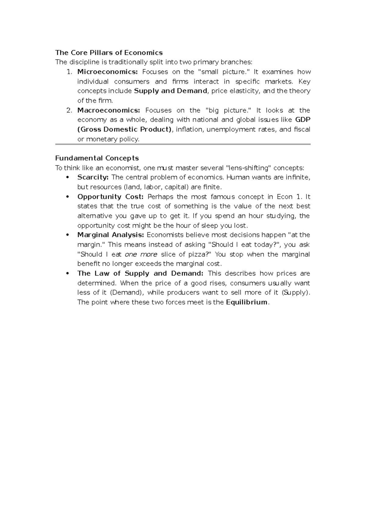 Econ 1 - Core Pillars of Micro and Macroeconomics Overview - Studocu