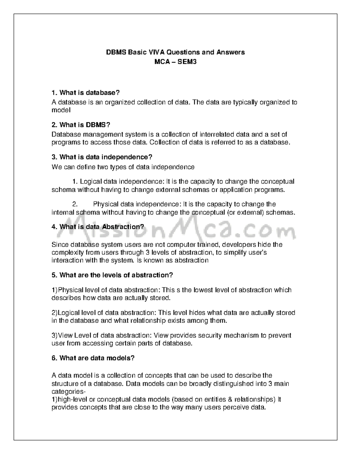 DBMS VIVA Questions & Answers for MCA SEM3 - Comprehensive Guide - Studocu