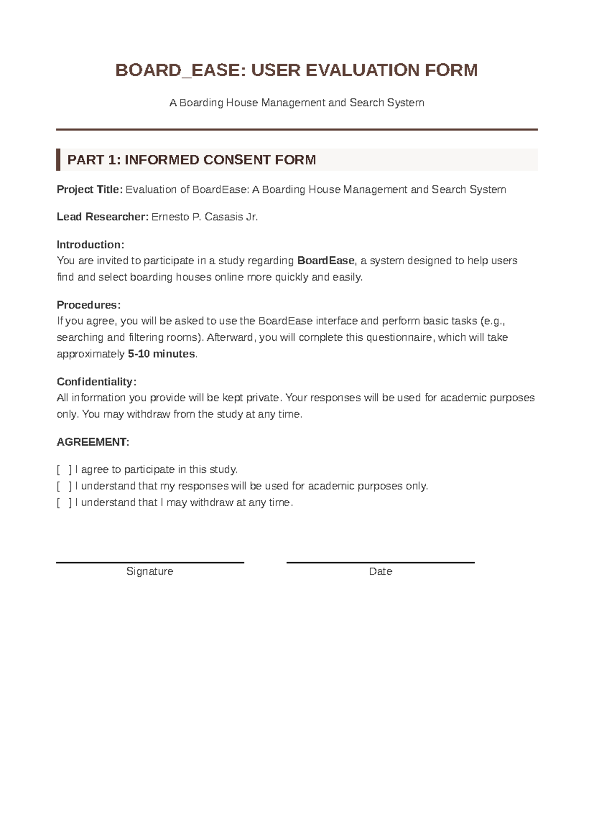 BOARD_EASE: USER EVALUATION FORM & CONSENT PART 1 - Studocu