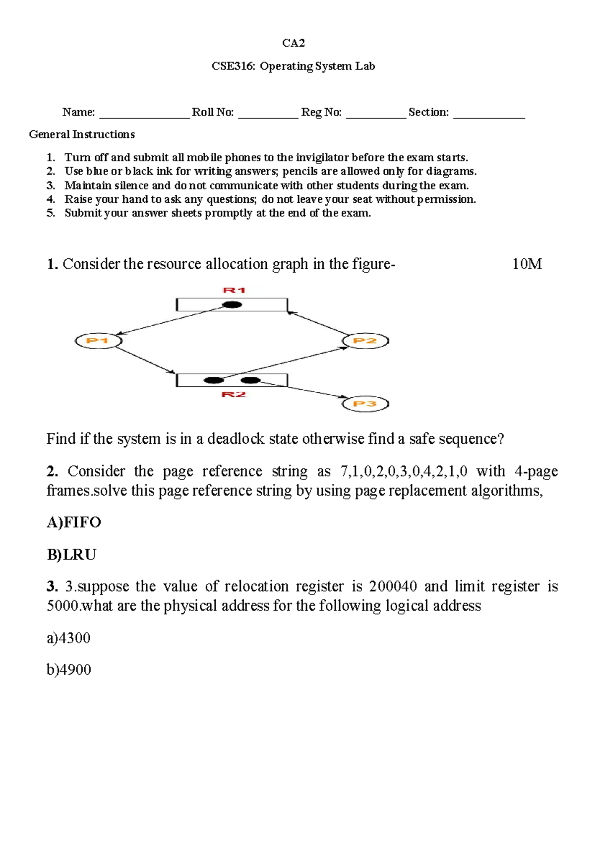SET B CA2 316 - Should must solve to get good grades in CAs. - CA CSE316: Operating System Lab ...