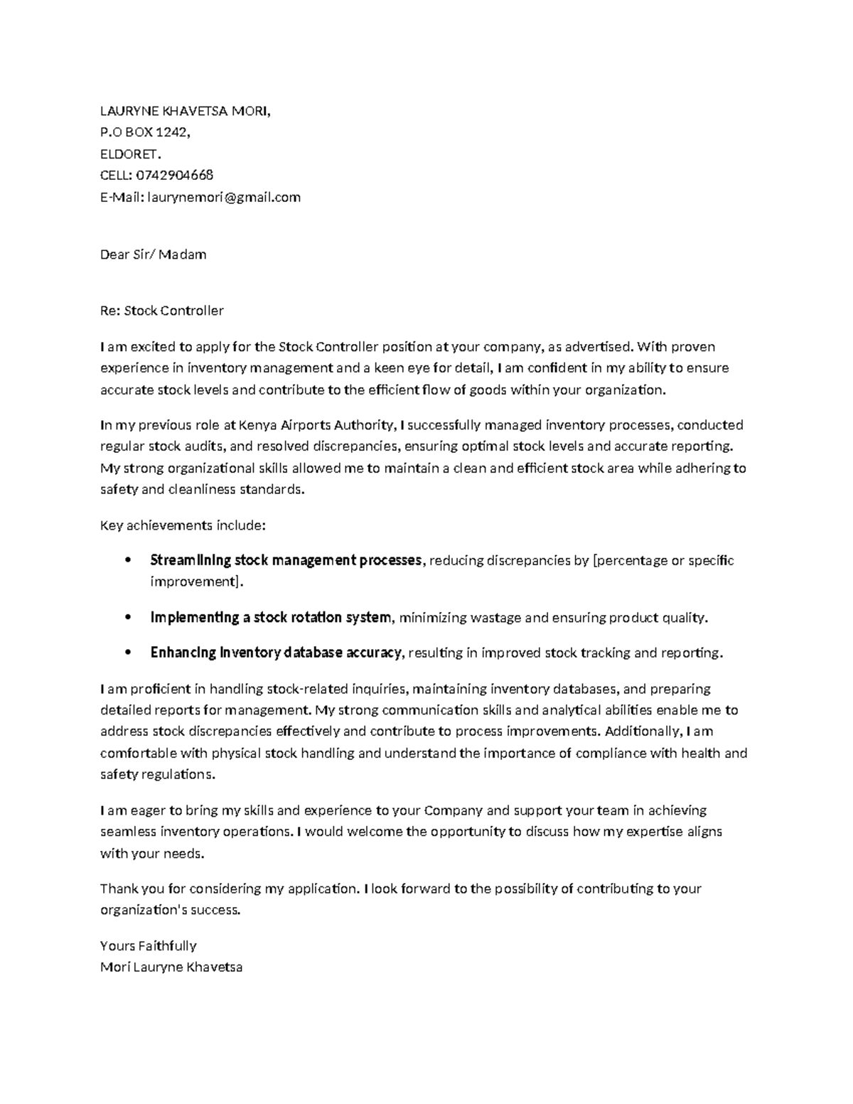 Cover letter - assignment - LAURYNE KHAVETSA MORI, P BOX 1242, ELDORET ...