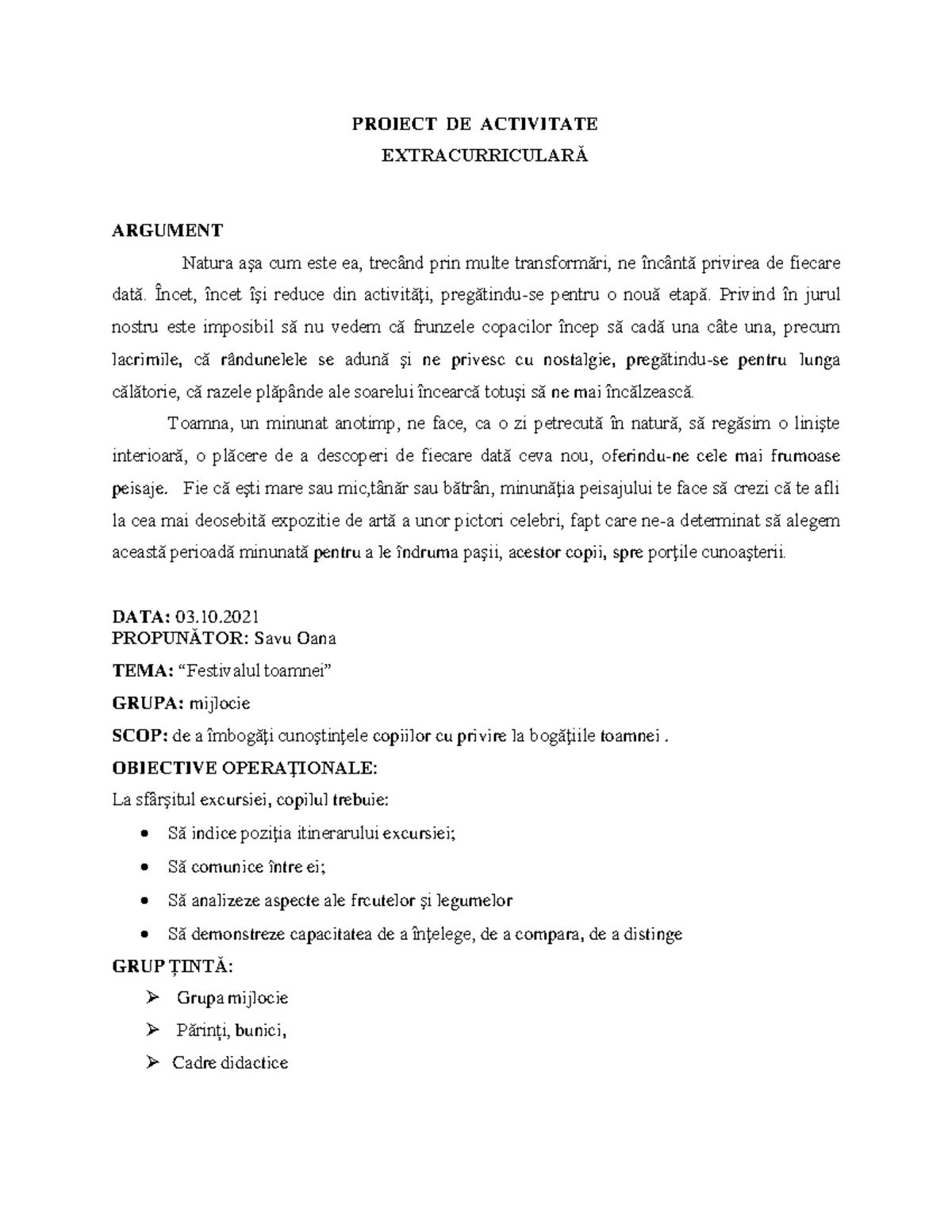 Festivalul toamnei - proiect educațional pentru grupa mijlocie - Studocu