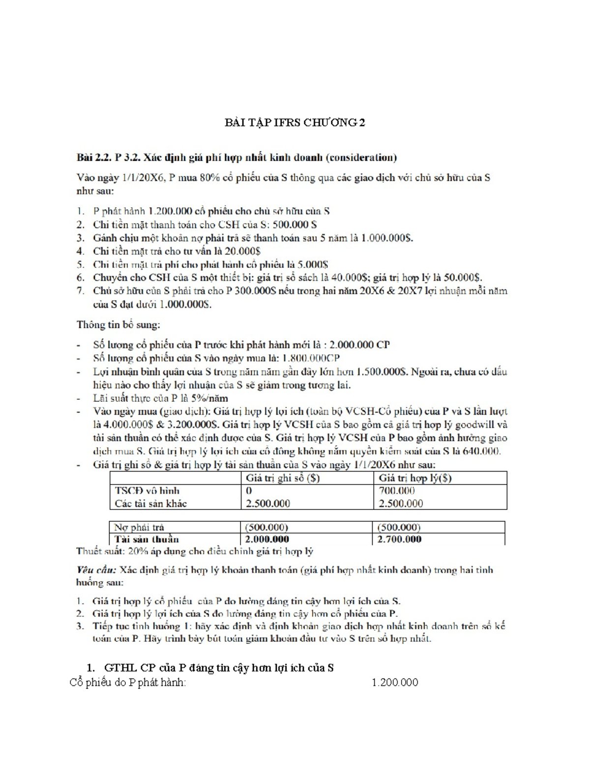 NHOM 8 - Chuong 2 - BÀI TẬP IFRS CHƯƠNG 2 GTHL CP của P đáng tin cậy hơn lợi ích của S Cổ phiếu ...
