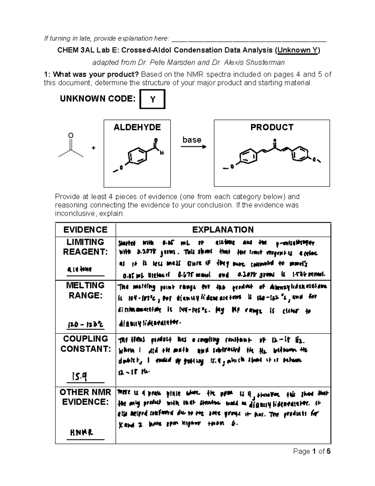 Lab F: Unknown Y Data Analysis - Aldol Condensation (CHEM 3AL) - Studocu