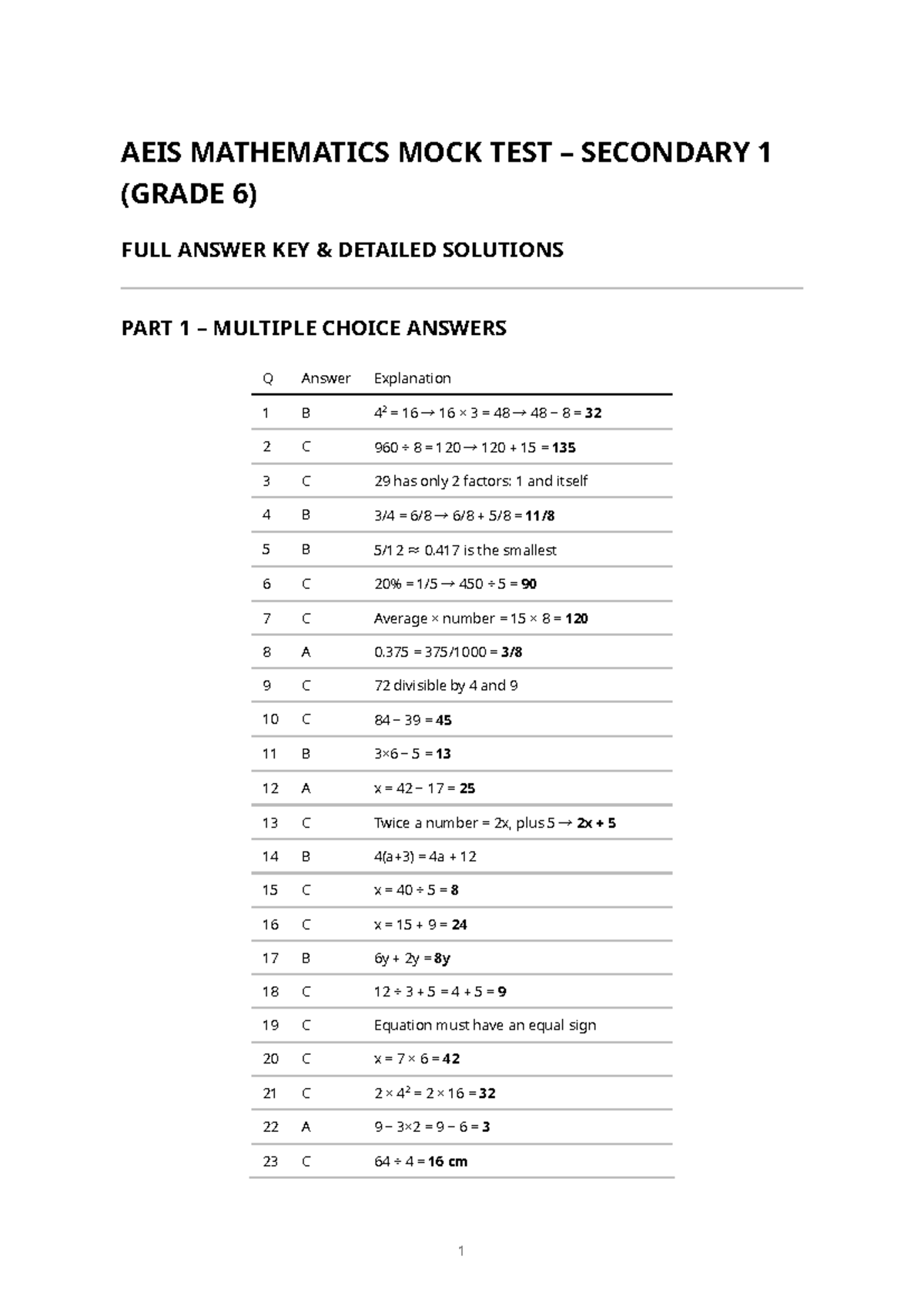 AEIS MATHEMATICS MOCK TEST 1 (GRADE 6) ANSWER KEY & SOLUTIONS - Studocu