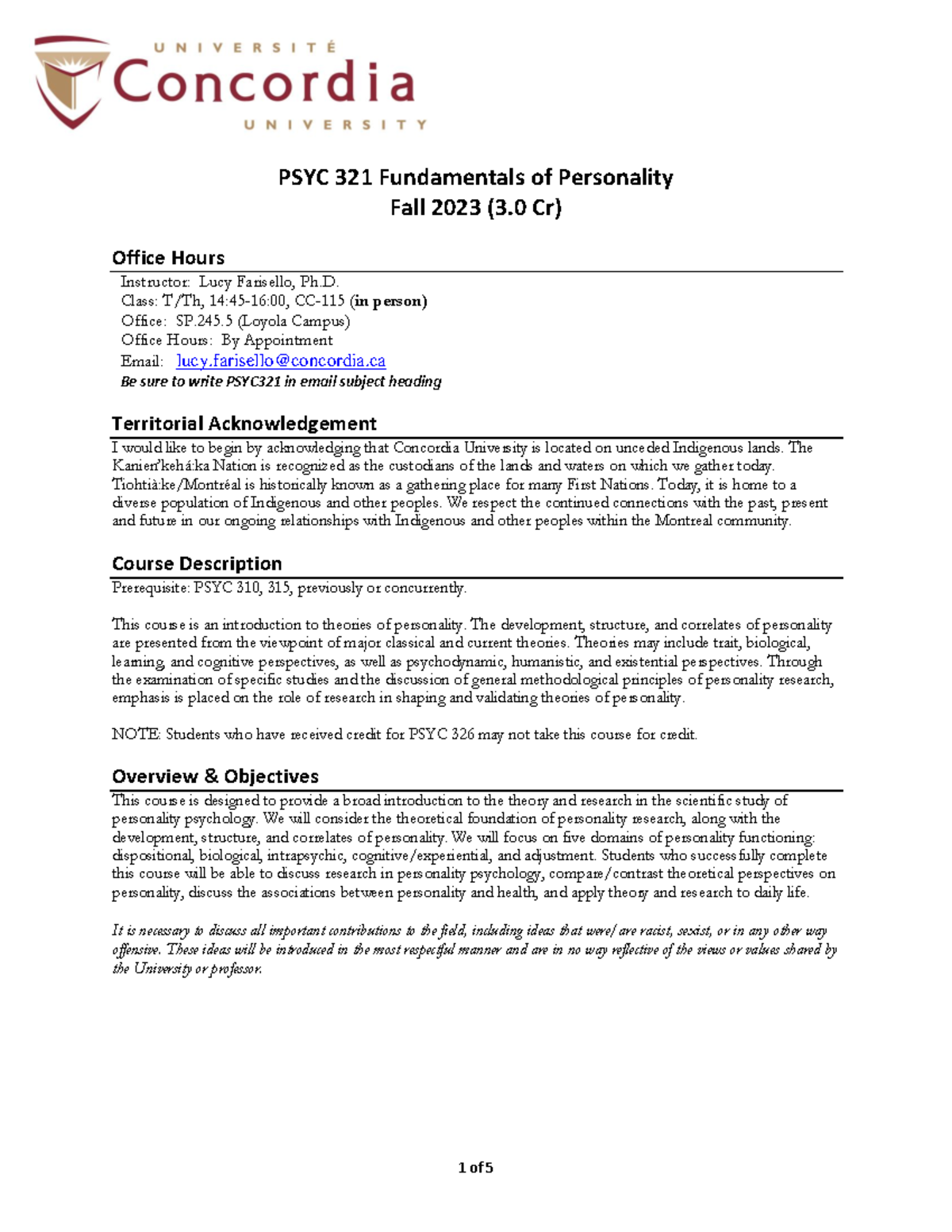 PSYC 321 Fall 2023 Course Outline: Fundamentals of Personality - Studocu