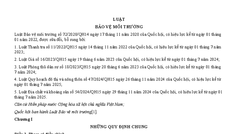 LUẬT BẢO VỆ MÔI TRƯỜNG - Văn Bản Hợp Nhất 15 - SSDDD - Studocu
