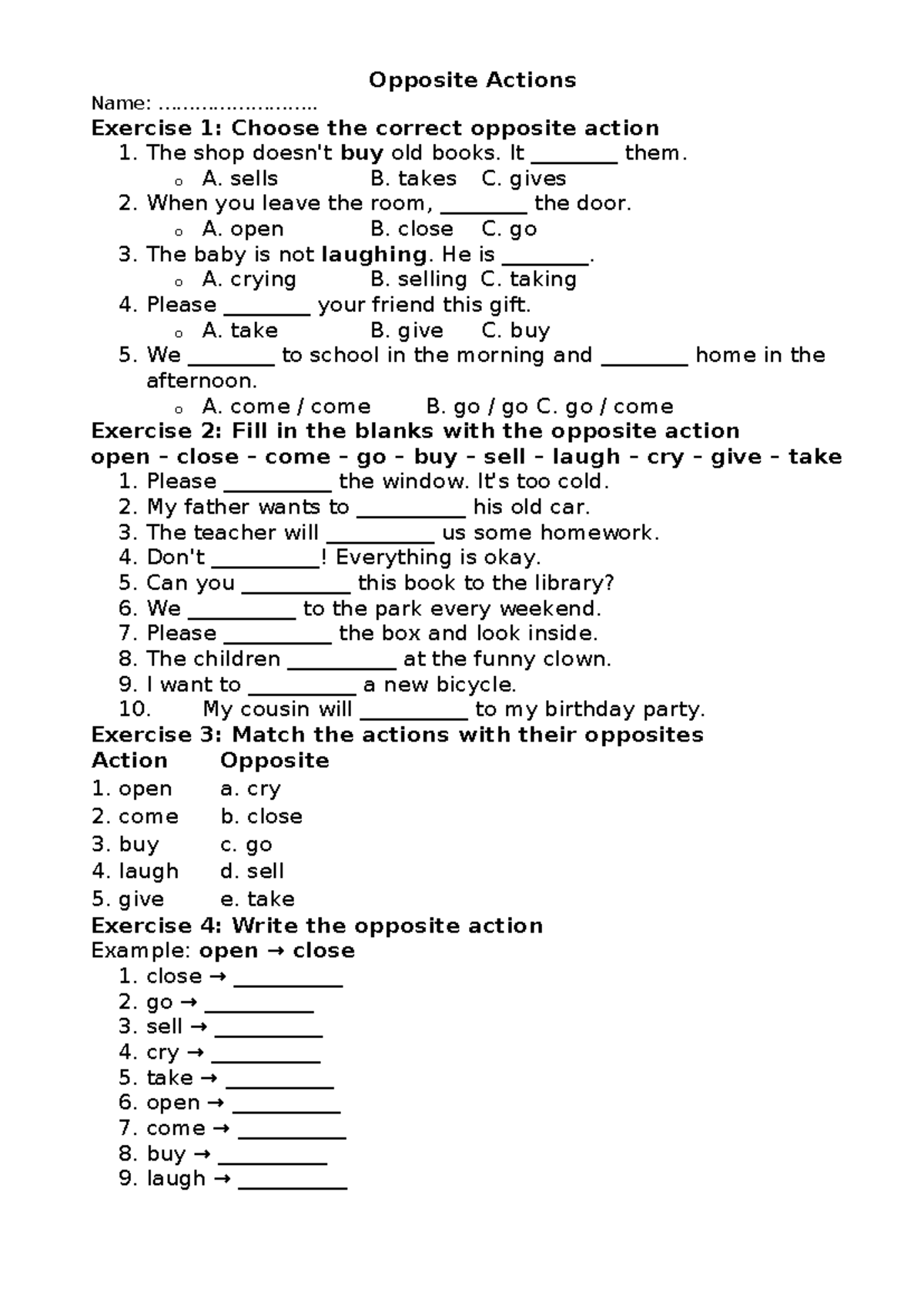 Opposite Actions Exercise: Verbs and Their Contrasts - Studocu