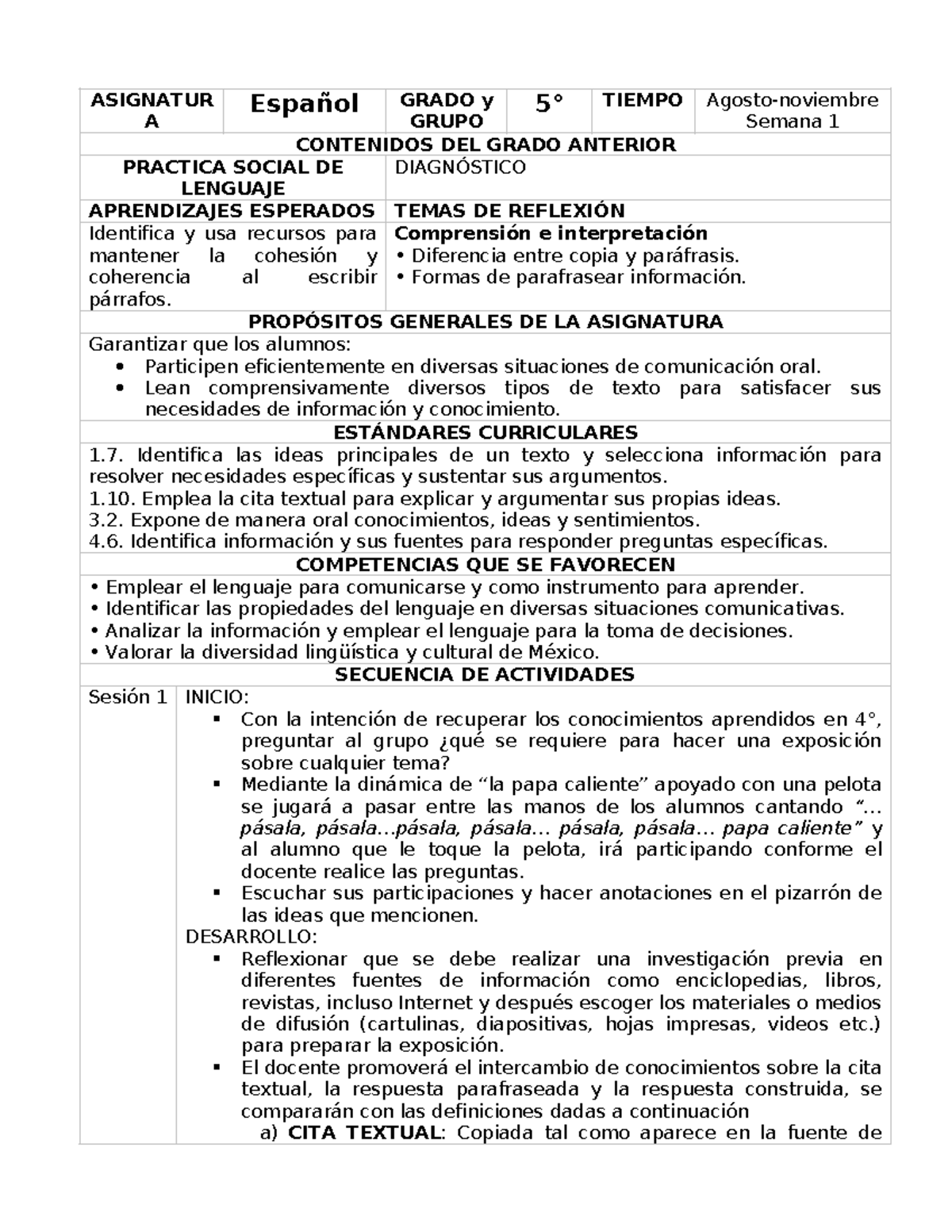 5to Grado Español: Contenidos y Actividades Semanales (2019-2020) - Studocu