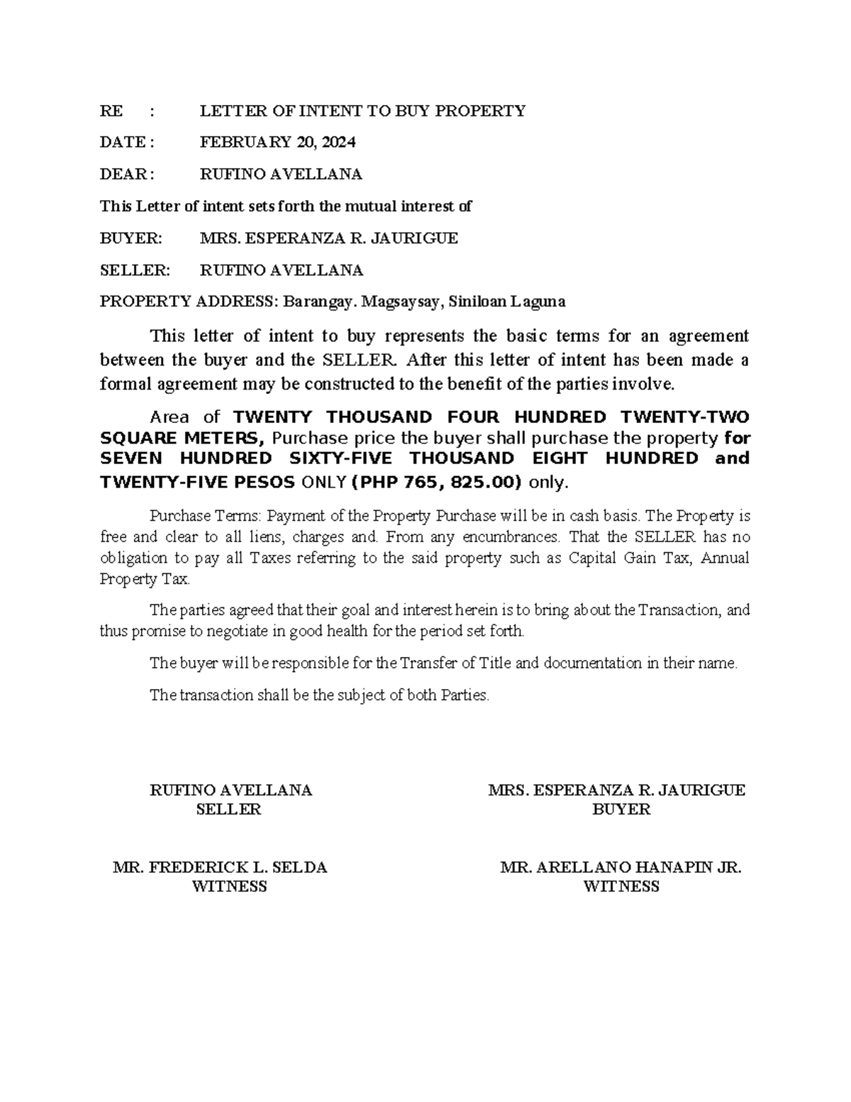 Letter of intent for buying land - RE : LETTER OF INTENT TO BUY ...