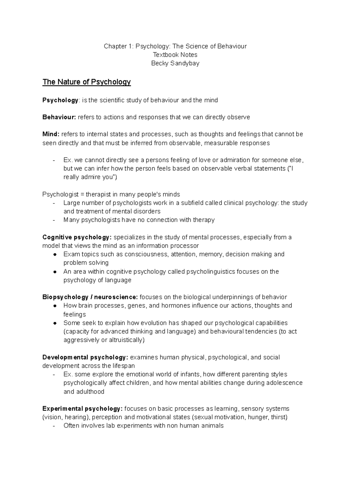 Psych 1000 - Chapter 1 Textbook notes - Chapter 1: Psychology: The ...