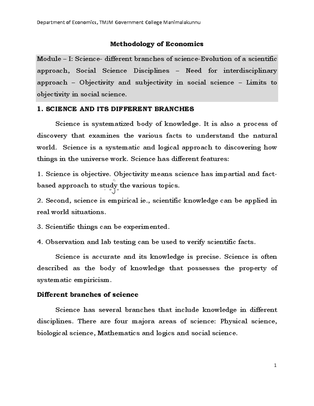 Methodology Note - Module 1: Science & Interdisciplinary Approaches ...