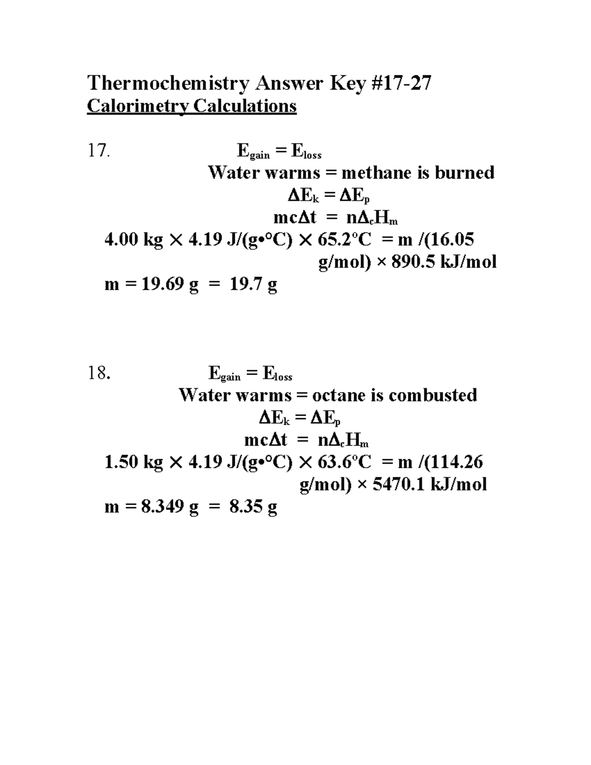 Thermochemistry Answer Key: Calorimetry Calculations 17-27 - Studocu