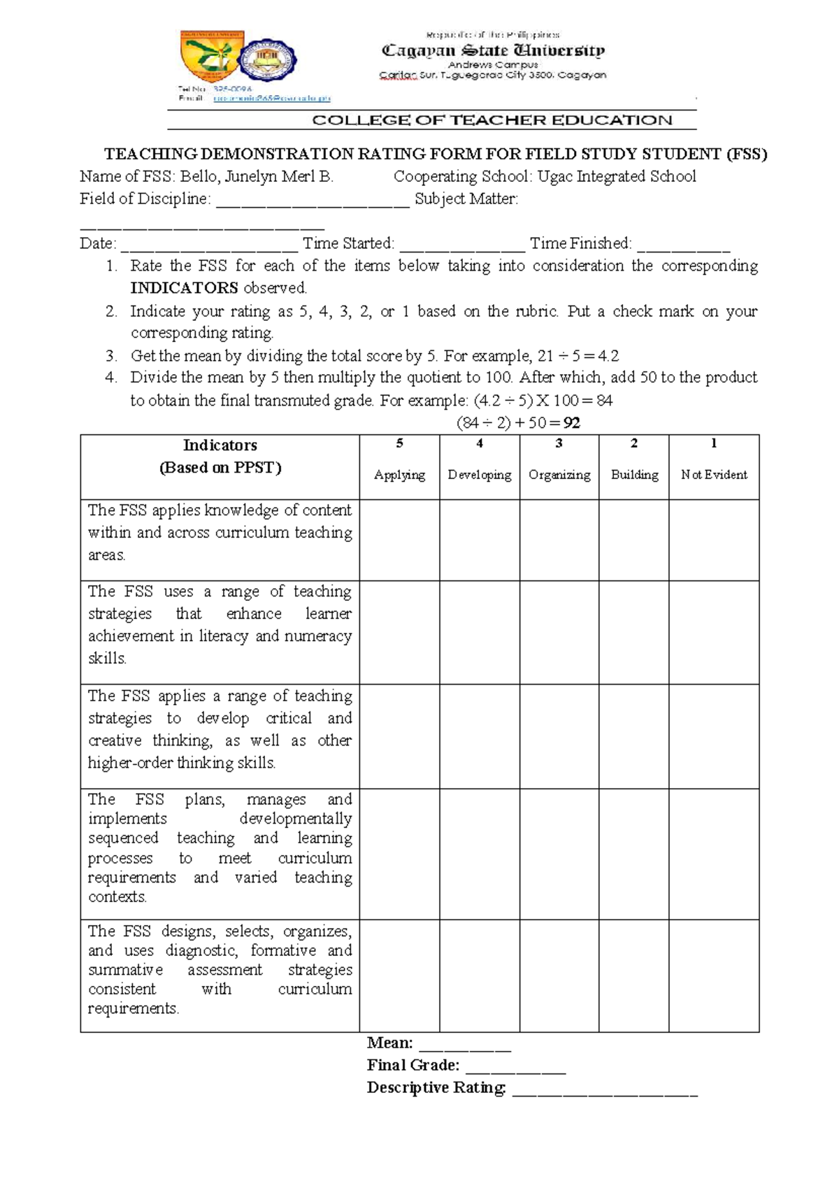 FSS Teaching Demonstration Rating Form - PPST Review - Studocu