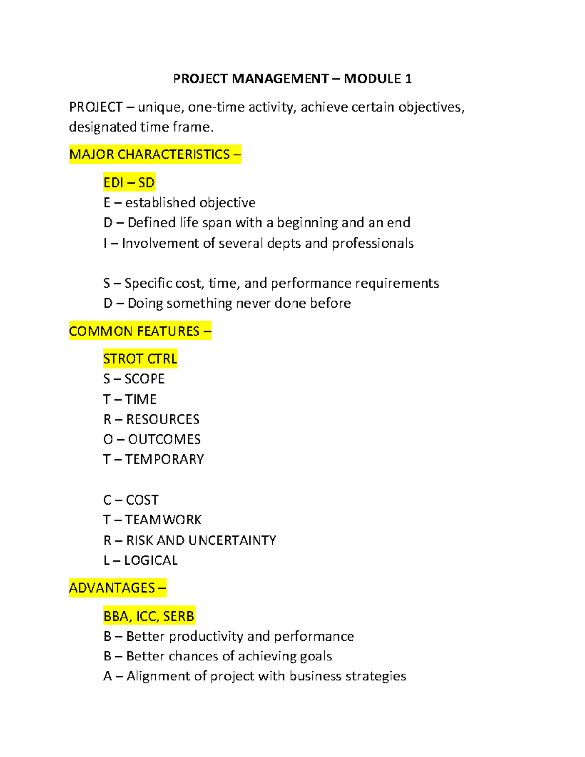 Project Management Modules - PROJECT MANAGEMENT – MODULE 1 PROJECT – unique, one-time activity ...
