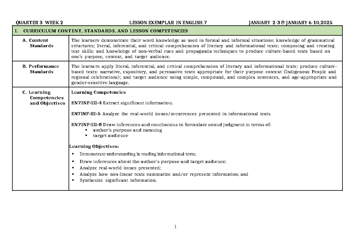 Q3 LE English-7 Lesson-1 Week-2 - QUARTER 3 WEEK 2 LESSON EXEMPLAR IN ENGLISH 7 JANUARY 2-3 ...