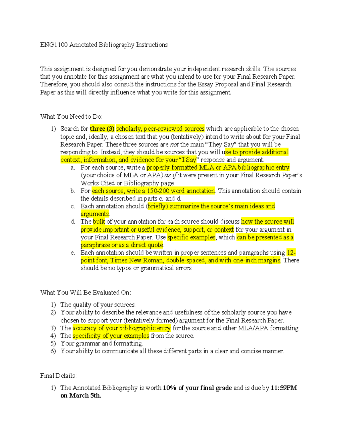 ENG1100 AR Final Research Paper Annotated Bibliography Instructions ...